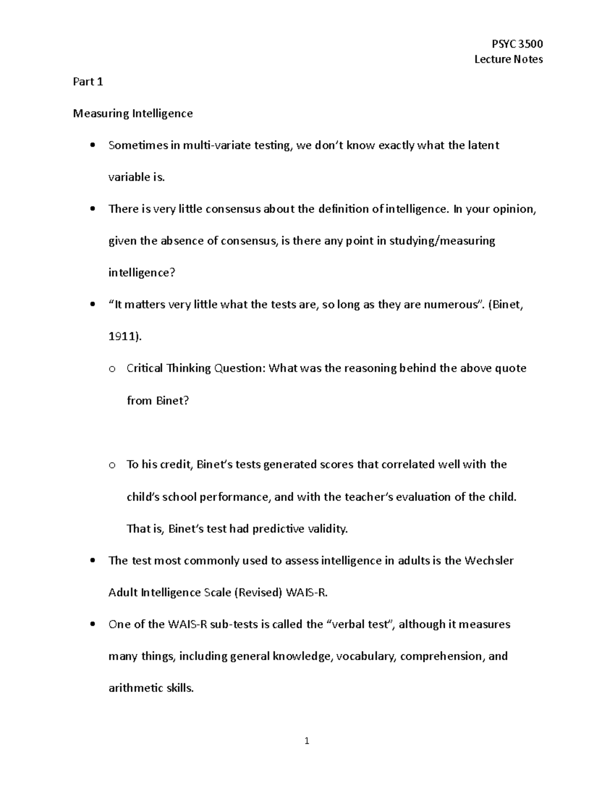 Psyc Statistics 3500 Measuring Intel Lecture Notes Part 1 Measuring Intelligence Sometimes In 