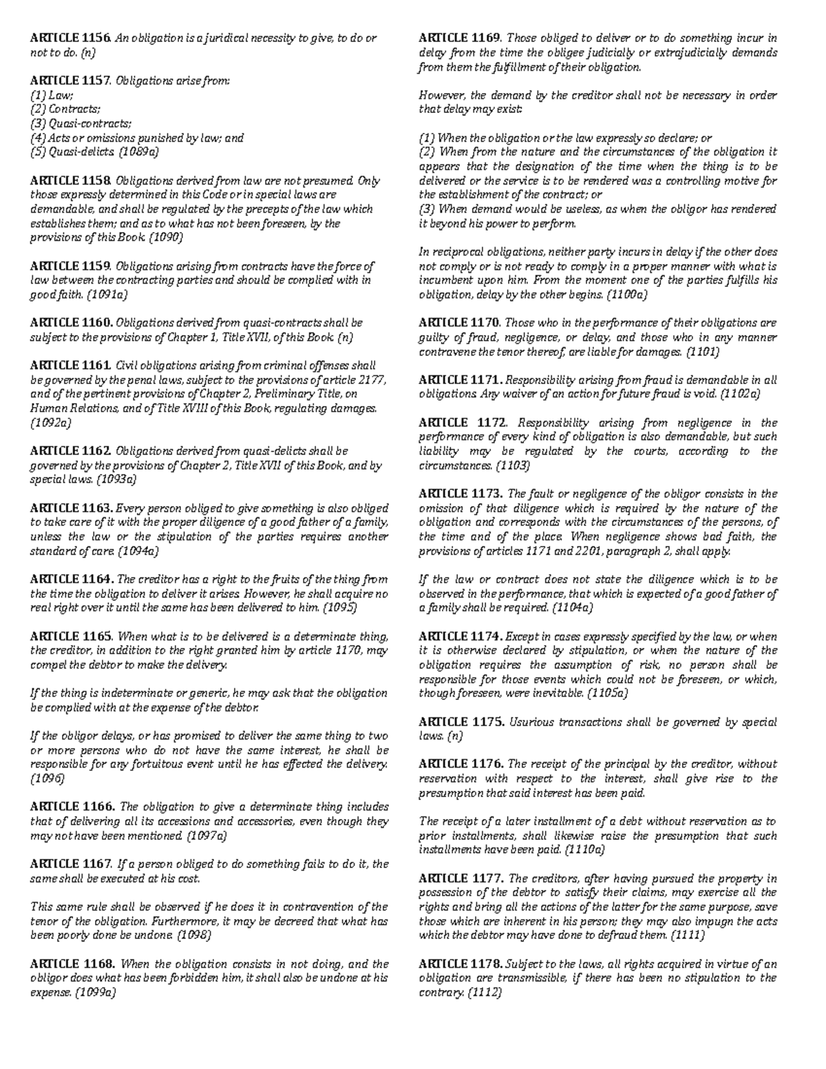 Articles 1156 to 1168 - OBLIGATIONS AND CONTRACTS - ARTICLE 1156. An ...