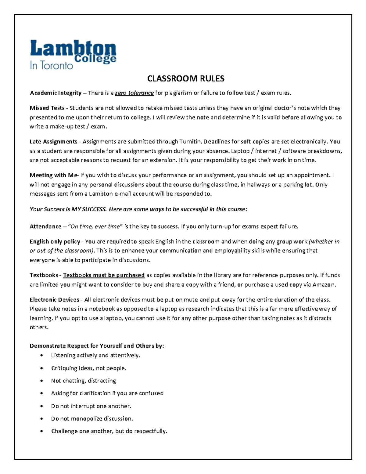 Classroom Rules for Students - CLASSROOM RULES Academic Integrity There ...