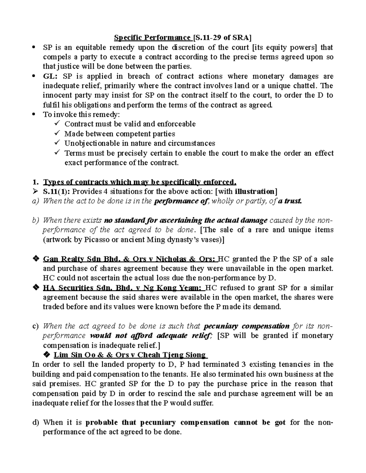 Specific Performance - this is the just the notes from slides but some ...