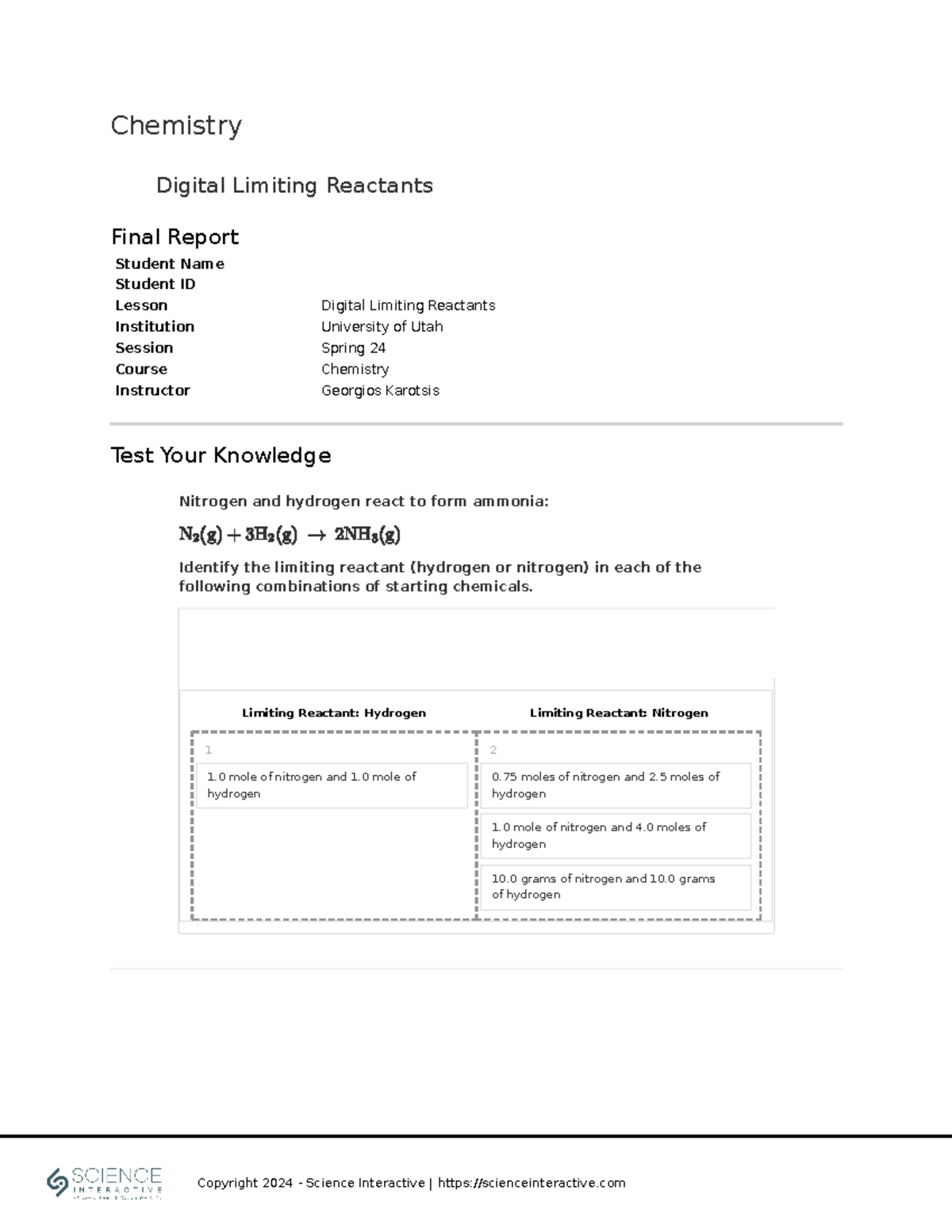Limiting Reactants - Chemistry lab report - Student Name Eubon Shin Student ID 326370 Lesson ...