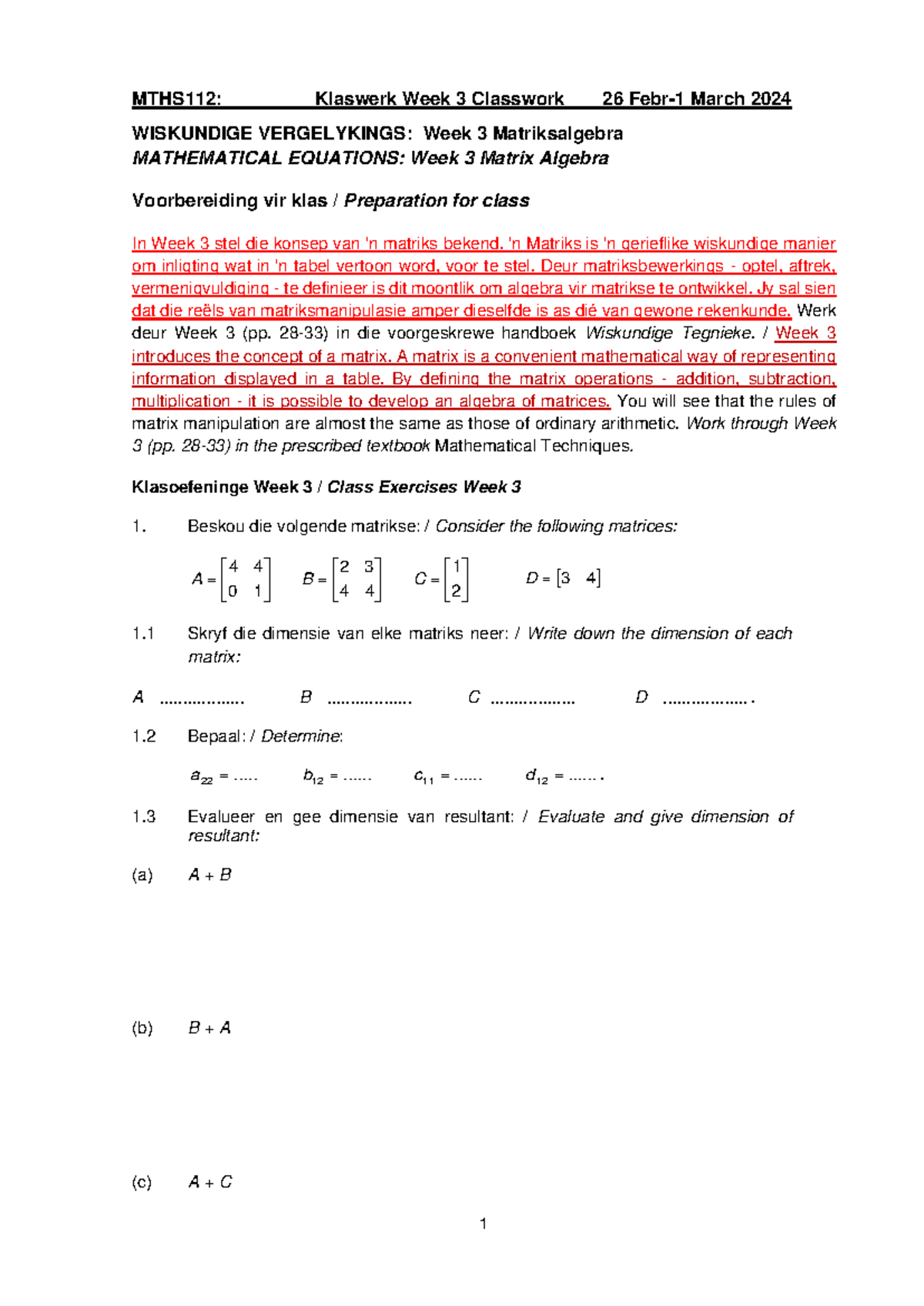 MTHS112 Week 3 2024 - Summary Maths - MTHS 112 : Klaswerk Week 3 Classwork 26 Febr- 1 March 2024 ...