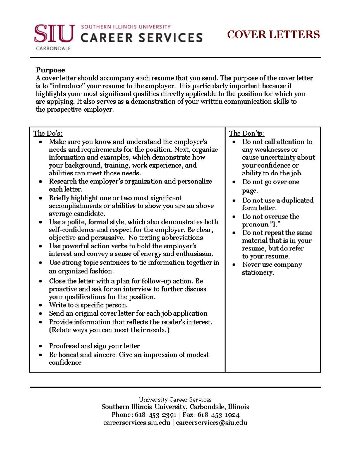 Cover Letters SIU Career Services - COVER LETTERS University Career ...