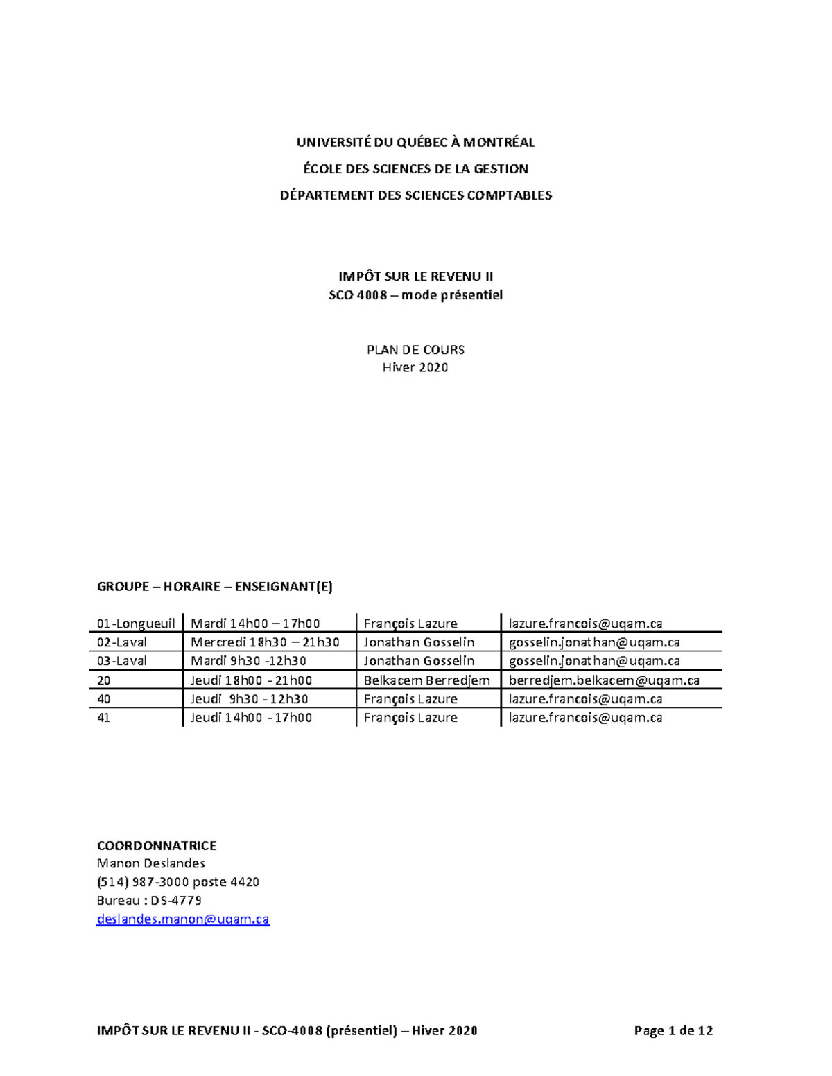 Plan de cours SCO4008-2020 - Warning: TT: undefined function: 32 Warning: TT: undefined function ...