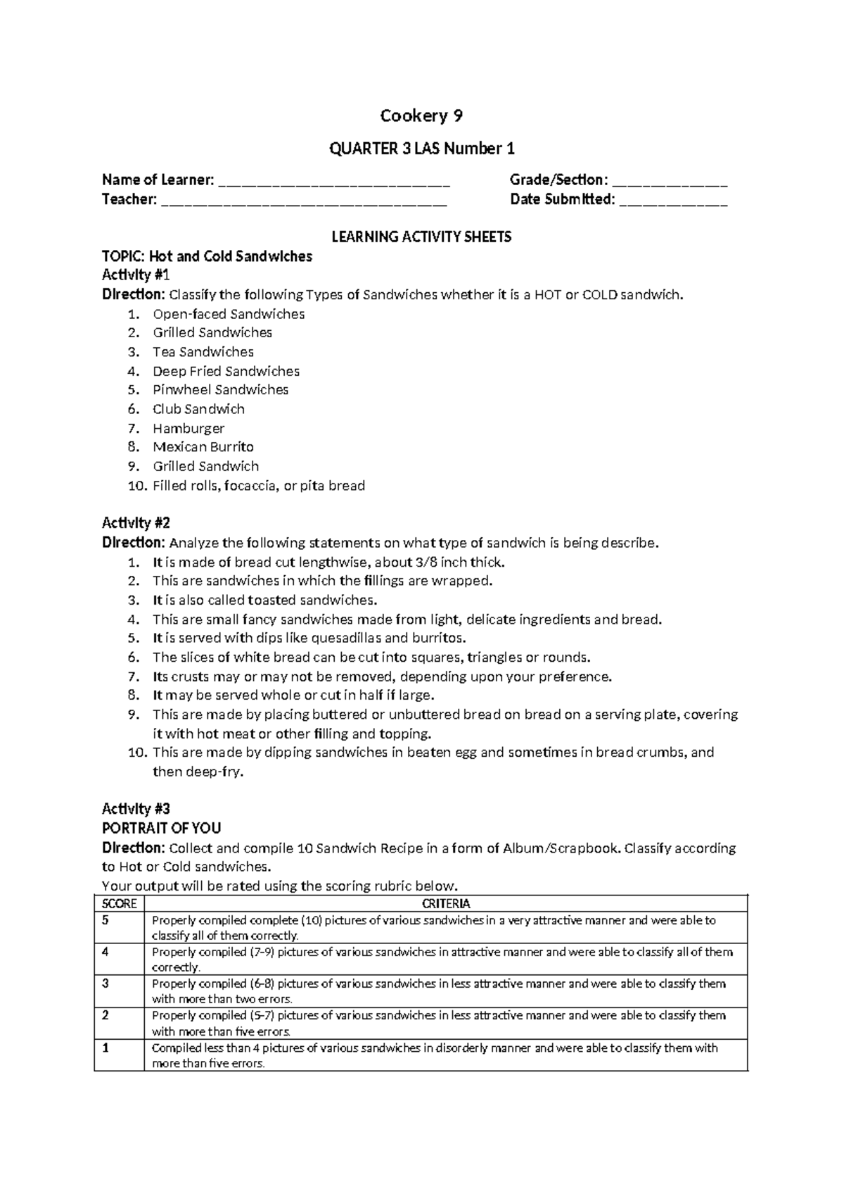 Cookery 9 - LAS - LEARNING ACTIVITY SHEET - Cookery 9 QUARTER 3 LAS ...