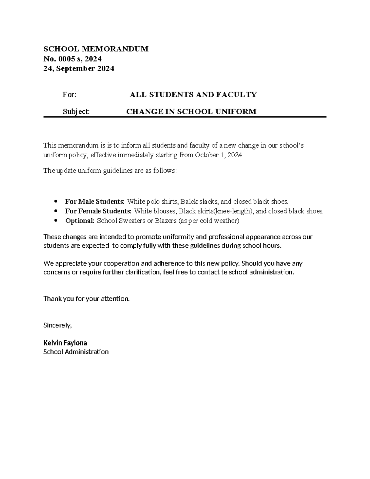 School Memorandum - SCHOOL MEMORANDUM No. 0005 s, 2024 24, September ...