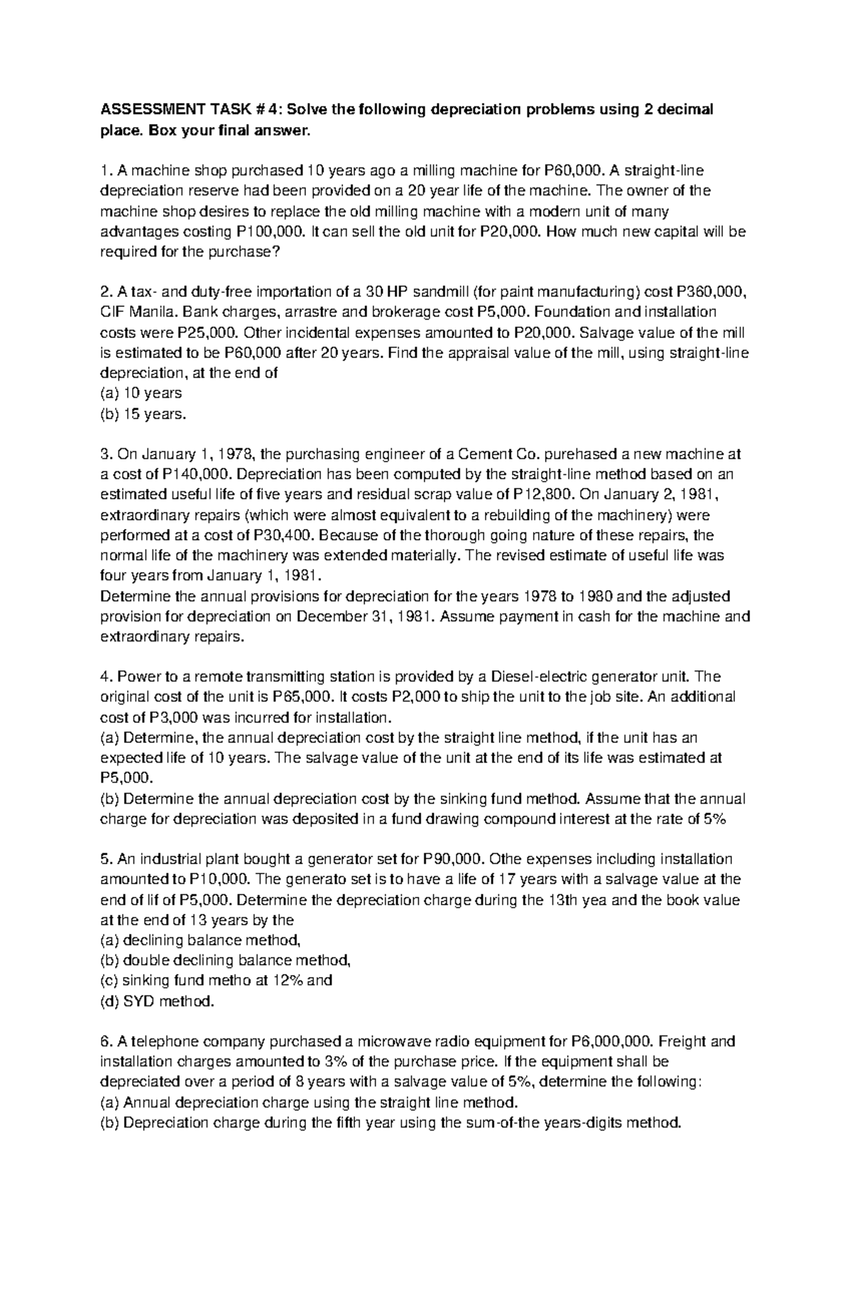 AT Depreciation - N/A - ASSESSMENT TASK # 4 : Solve the following ...