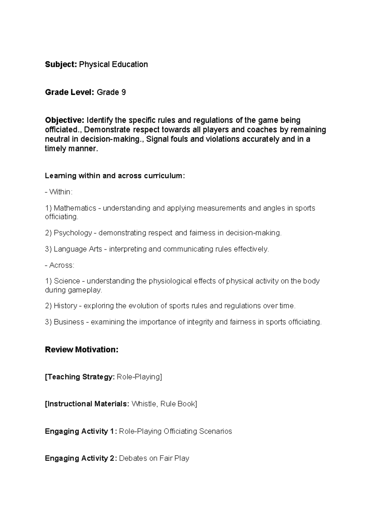 Lesson plan - Subject: Physical Education Grade Level: Grade 9 ...