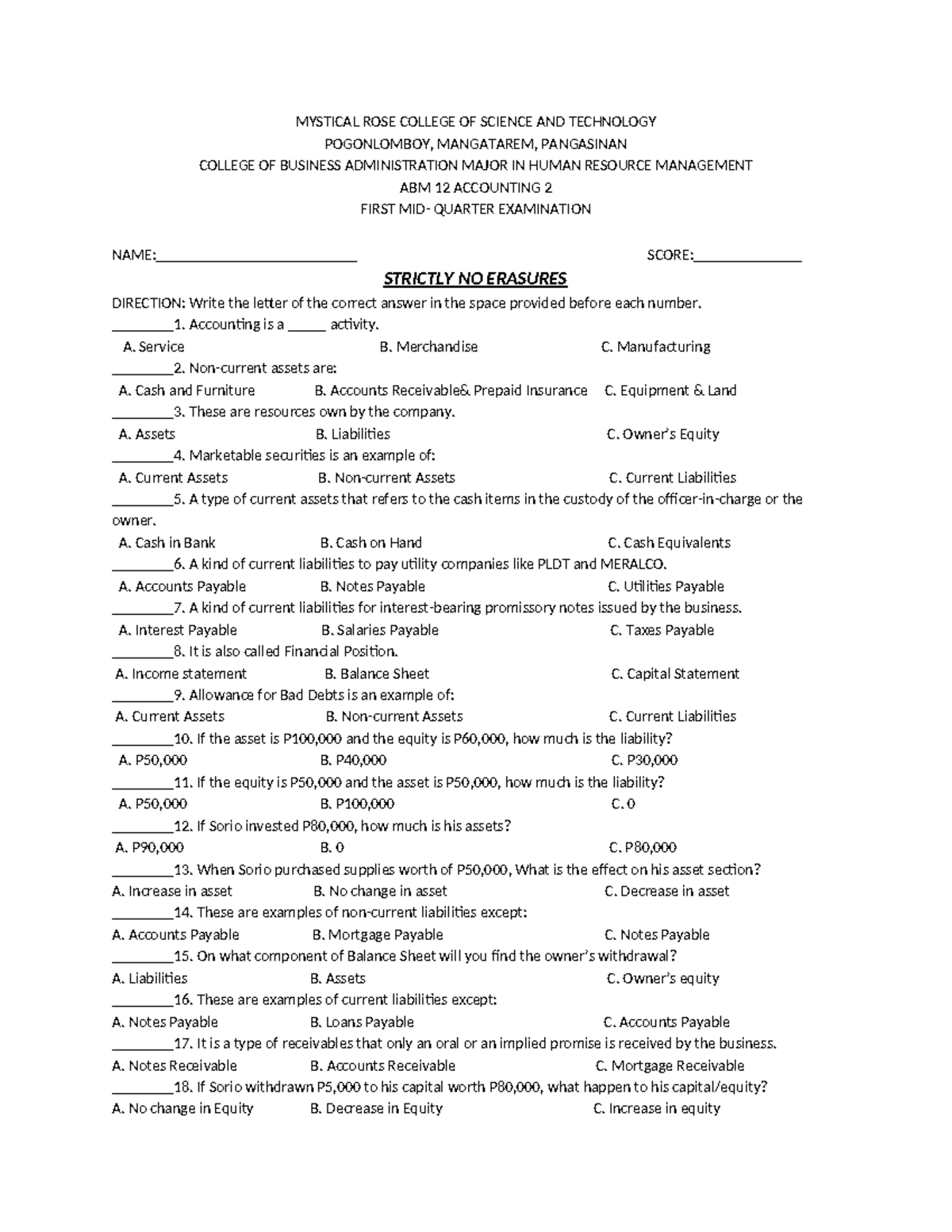 ABM12 First-MID Quarter EXAM( Accounting 2)-3 Copies - MYSTICAL ROSE ...