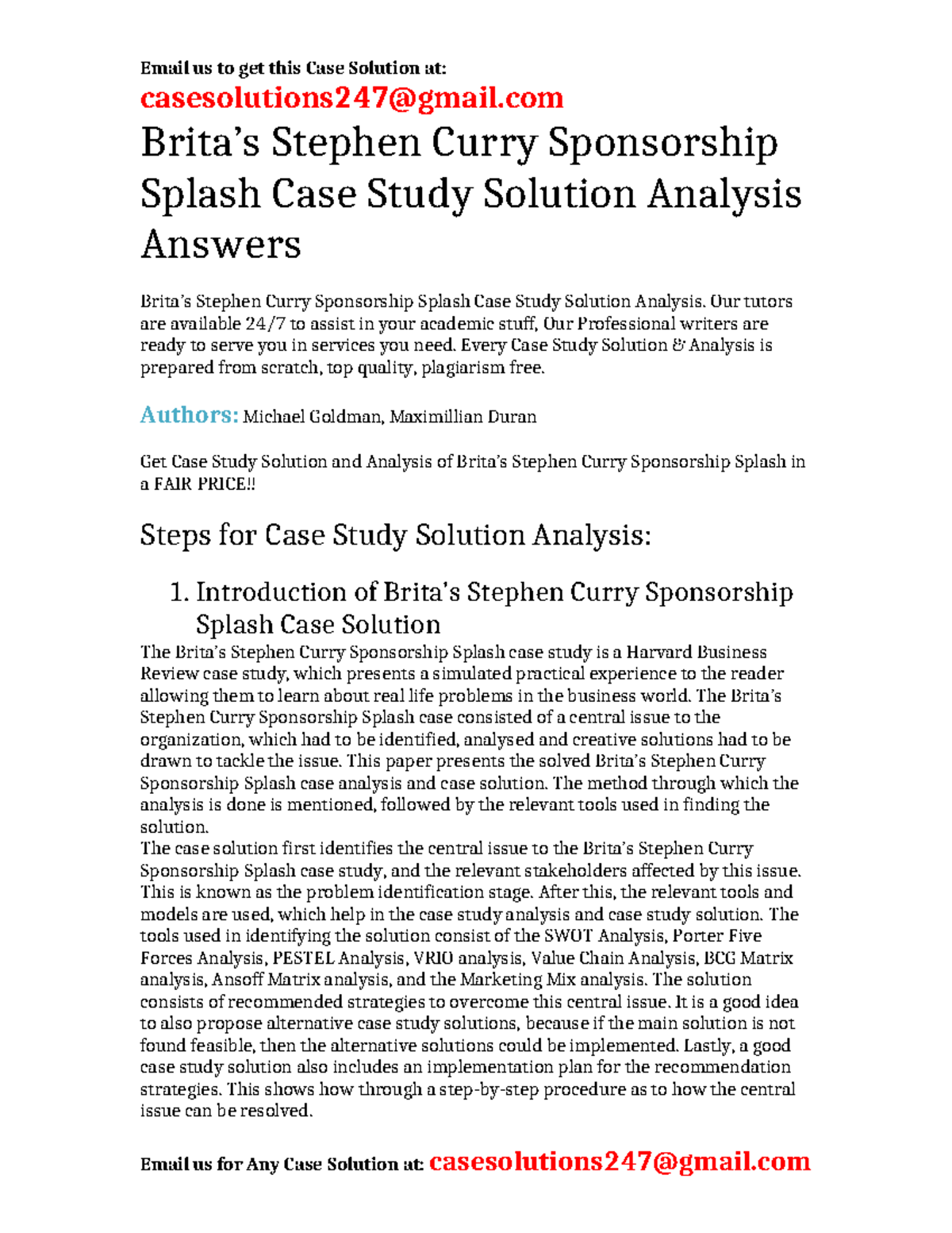 Case Solution Brita's Stephen Curry Sponsorship Splash - casesolutions247@gmail Brita’s Stephen ...