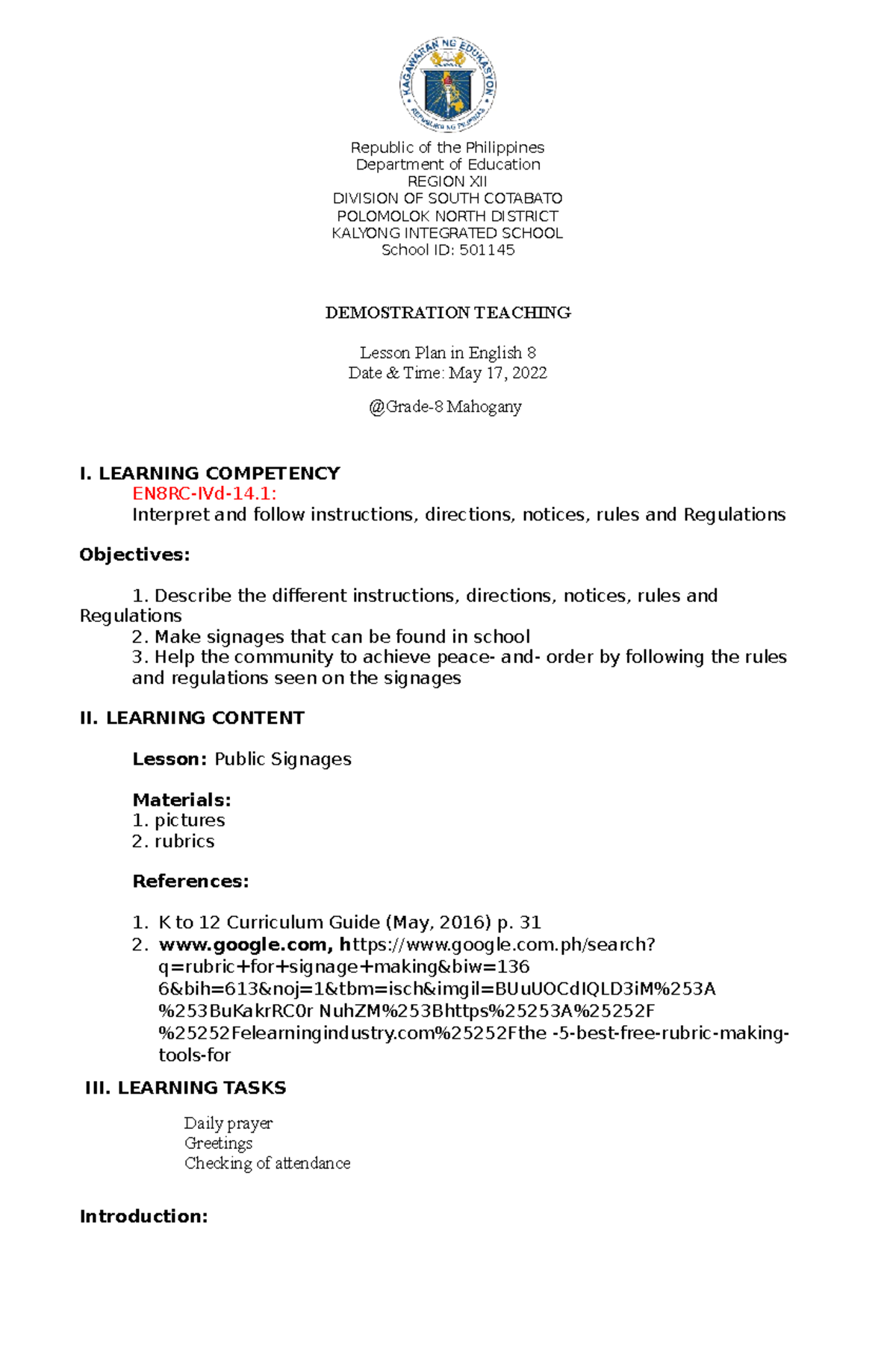 LP - Lesson Plan - Republic of the Philippines Department of Education ...