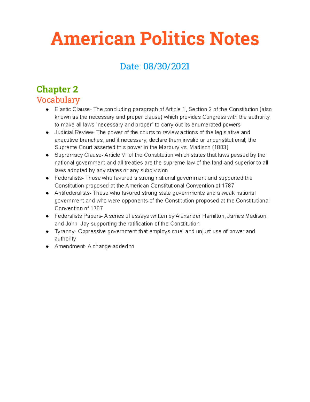 American Politics Class notes - American Politics Notes Date: 08/30 ...