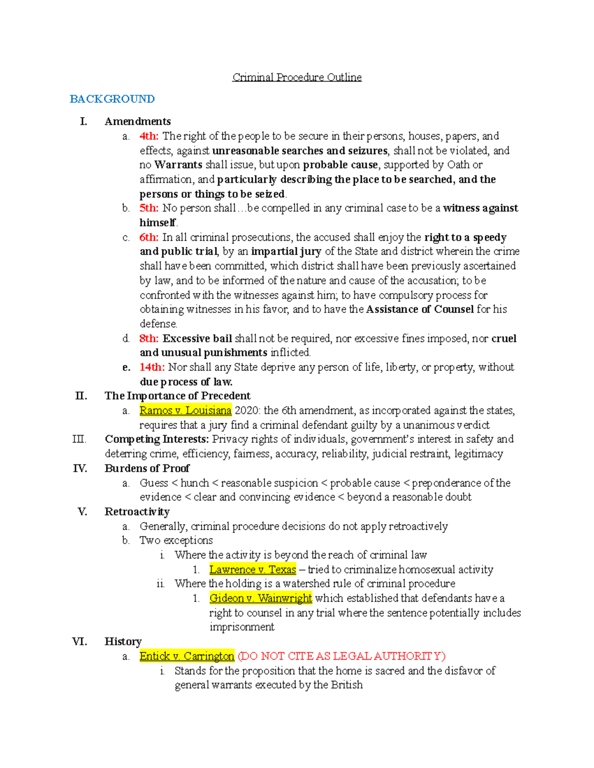 Crim Pro Outline (1) (1) - Criminal Procedure Outline BACKGROUND I ...