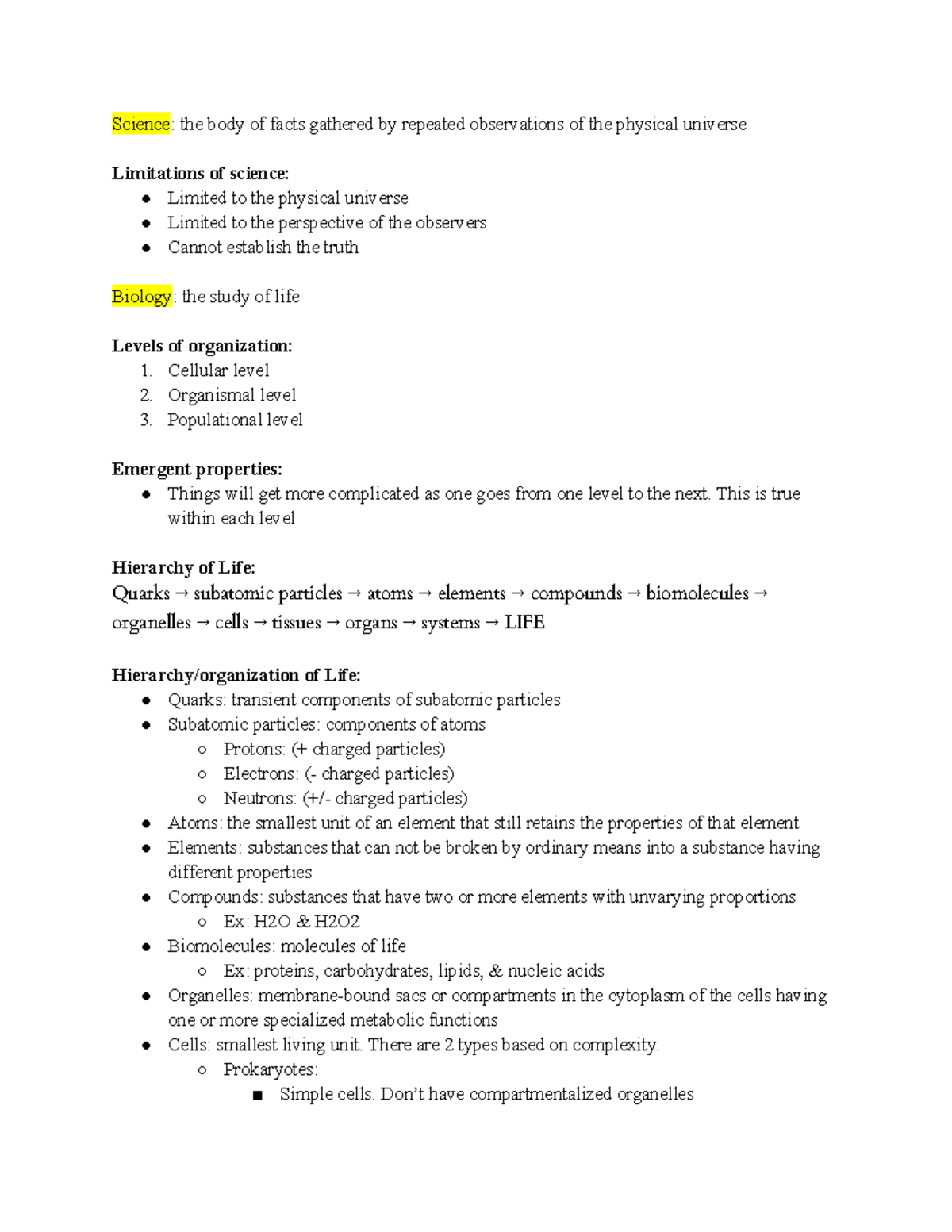 Biology notes (Week 1) - Science: the body of facts gathered by ...