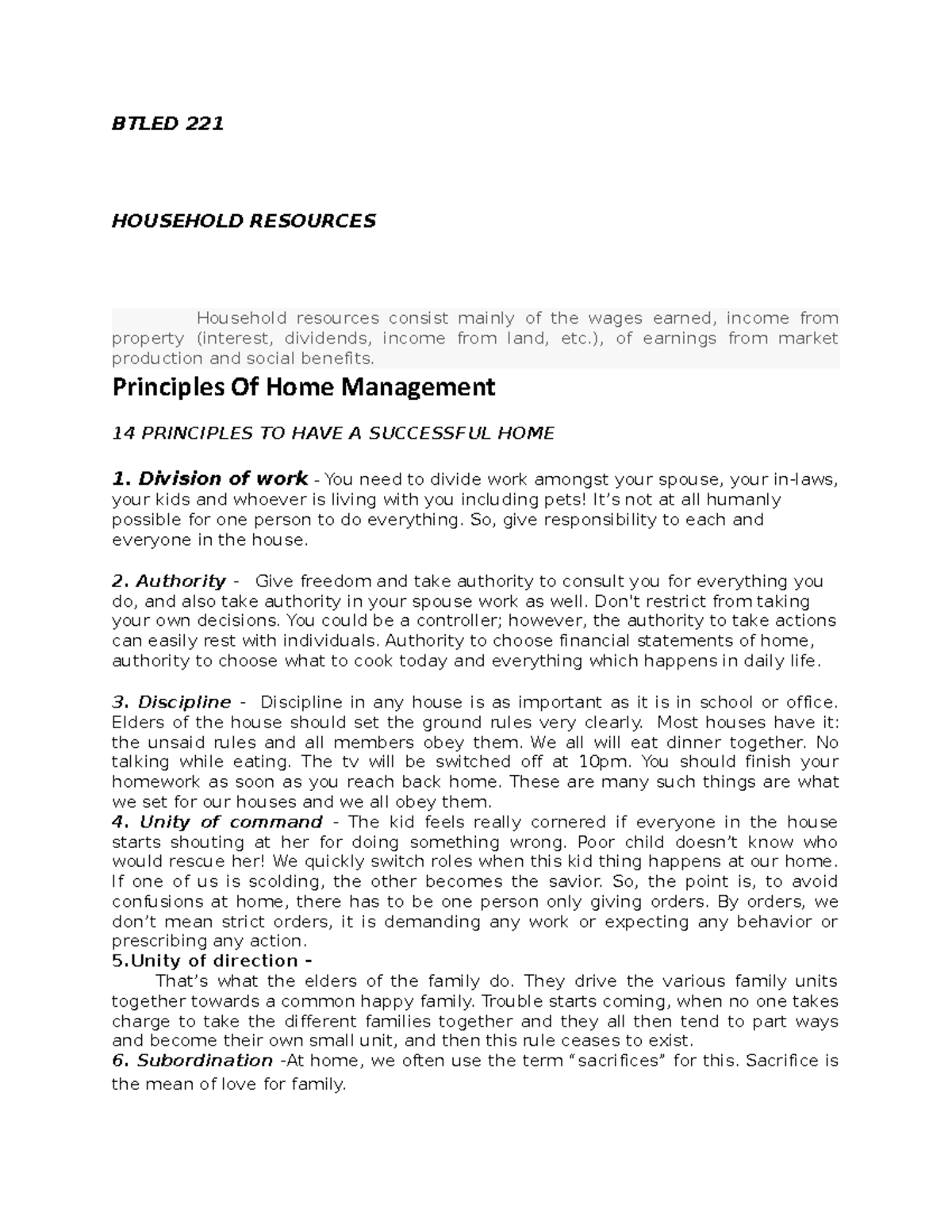 #1 Household Resourcesp - BTLED 221 HOUSEHOLD RESOURCESHOUHousehold ...