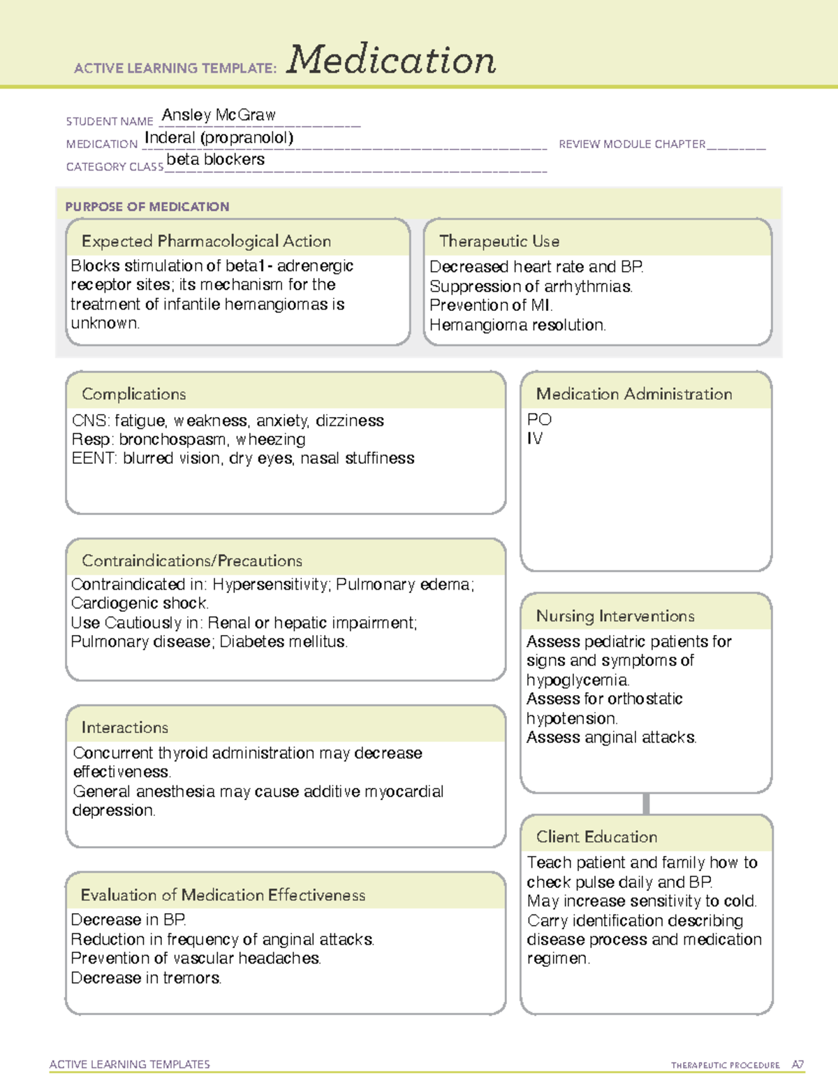 4 Inderal drug sheet - ACTIVE LEARNING TEMPLATES THERAPEUTIC PROCEDURE ...