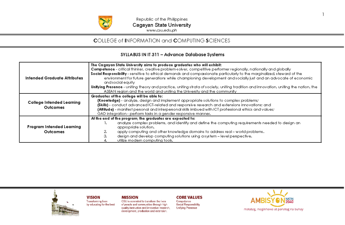OBE syllabus IT 311 Advance Database Systems - Republic of the ...
