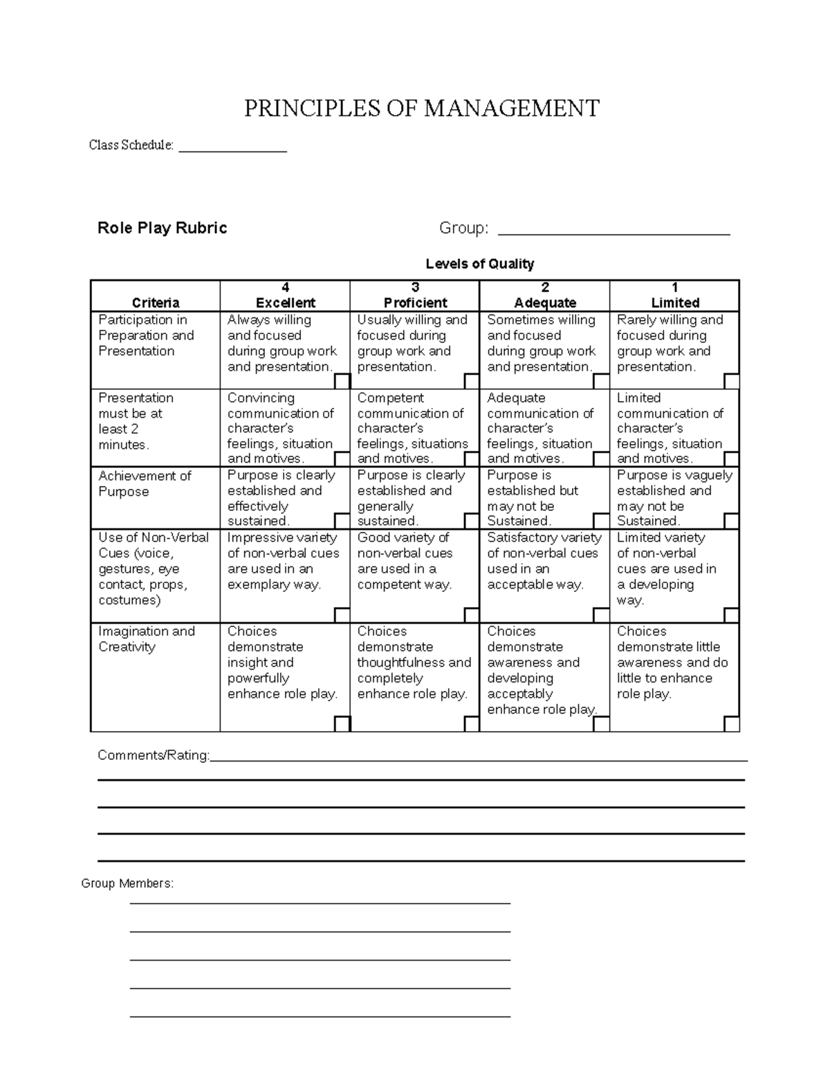 Rubric - Study - PRINCIPLES OF MANAGEMENT Class Schedule ...