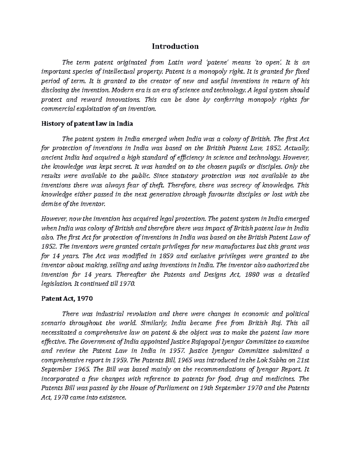 Patent law - Notes - Introduction The term patent originated from Latin ...