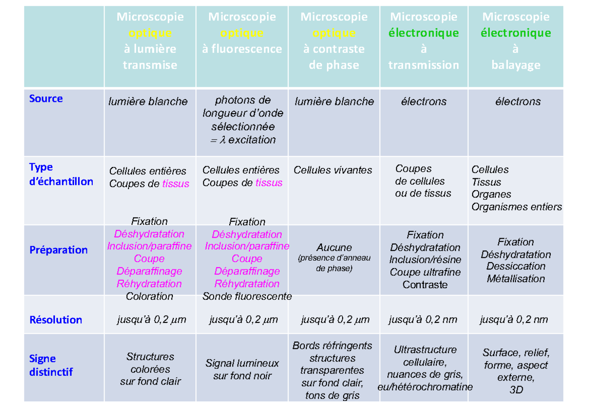 Tableau-Synthese-Microscopie-TD1 - Microscopie optique à lumière ...