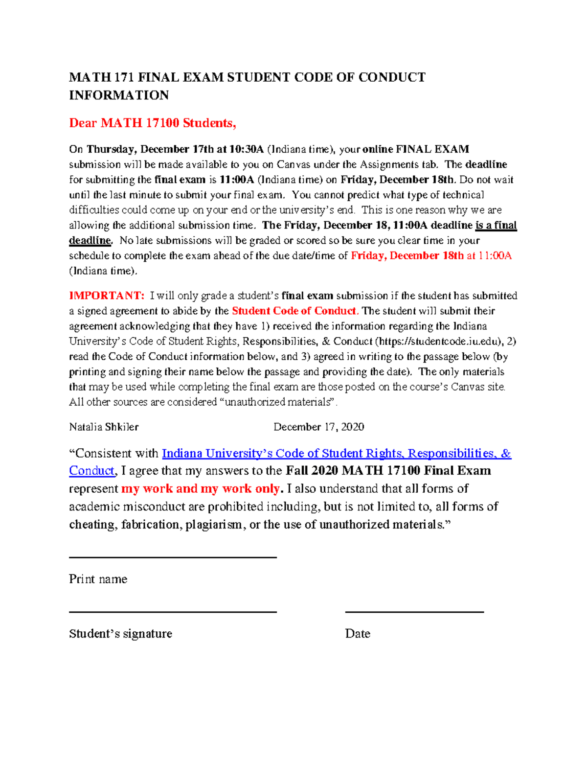 171 Final Fall 2 D 2020 students - MATH 171 FINAL EXAM STUDENT CODE OF ...