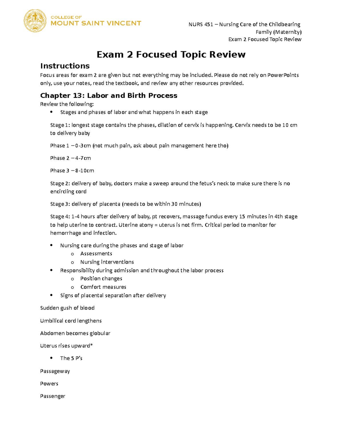 Maternity Exam 2 Focused Topic Review SU23 - Family (Maternity) Exam 2 Focused Topic Review Exam ...