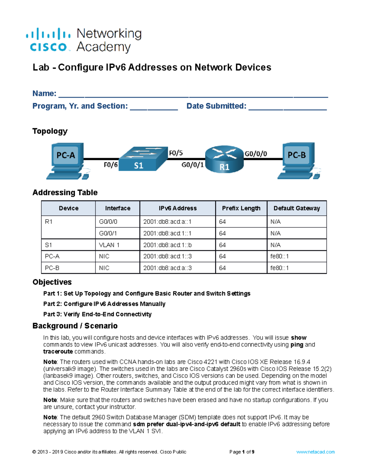Wk7 Configure IPv6 Addresses on Network Devices Reyes - Name: - Studocu