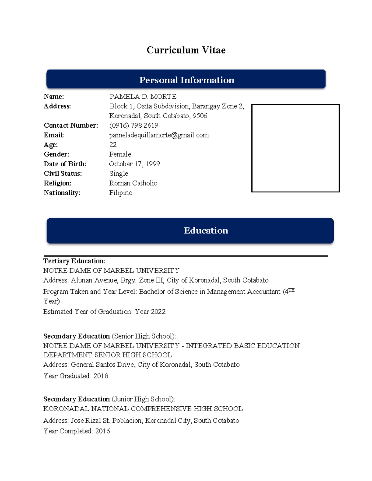 CV Pam - mnk - Curriculum Vitae Personal Information Name: PAMELA D ...