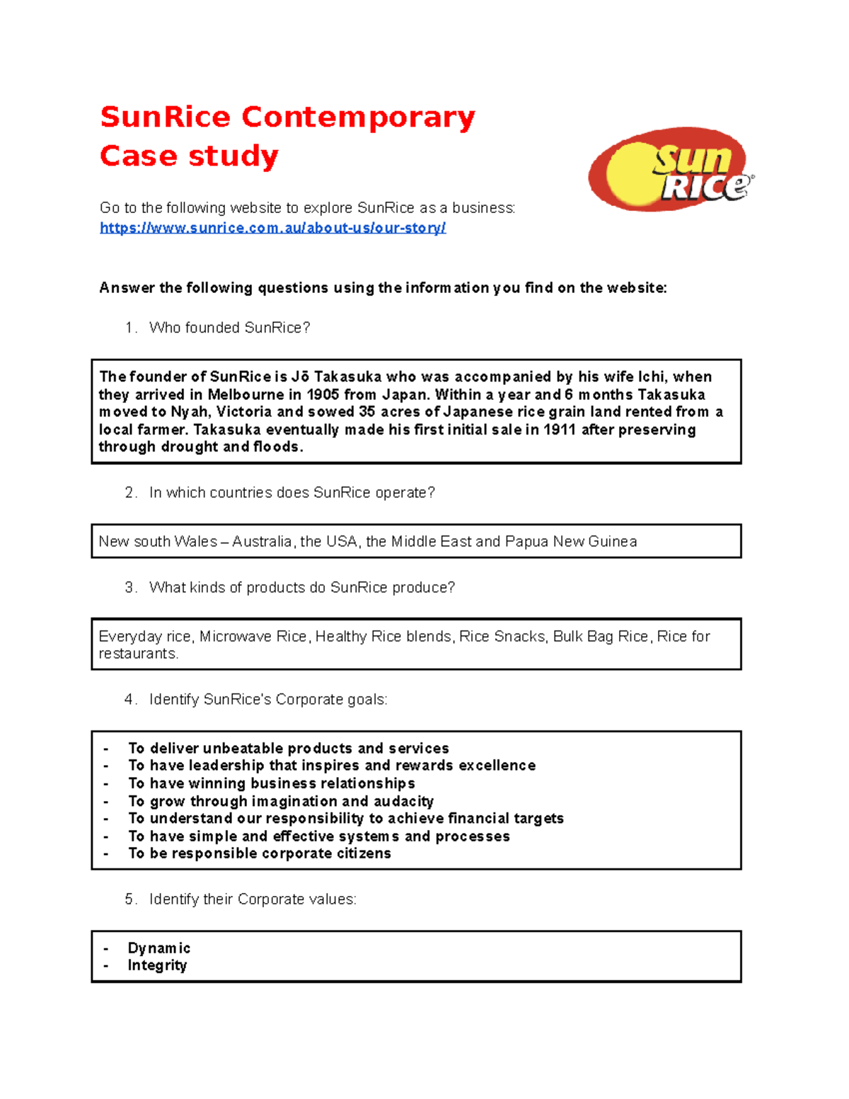 Sun Rice Contemporary case study with questions - SunRice Contemporary ...