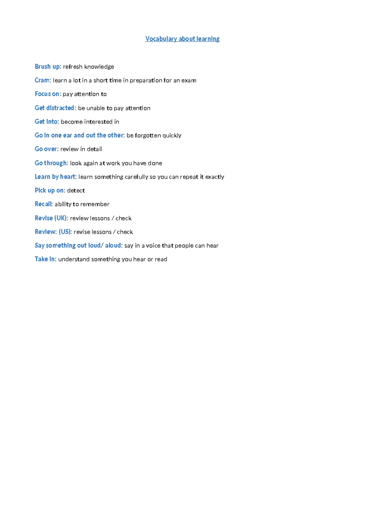 Vocabulary about learning - Vocabulary about learning Brush up: refresh ...