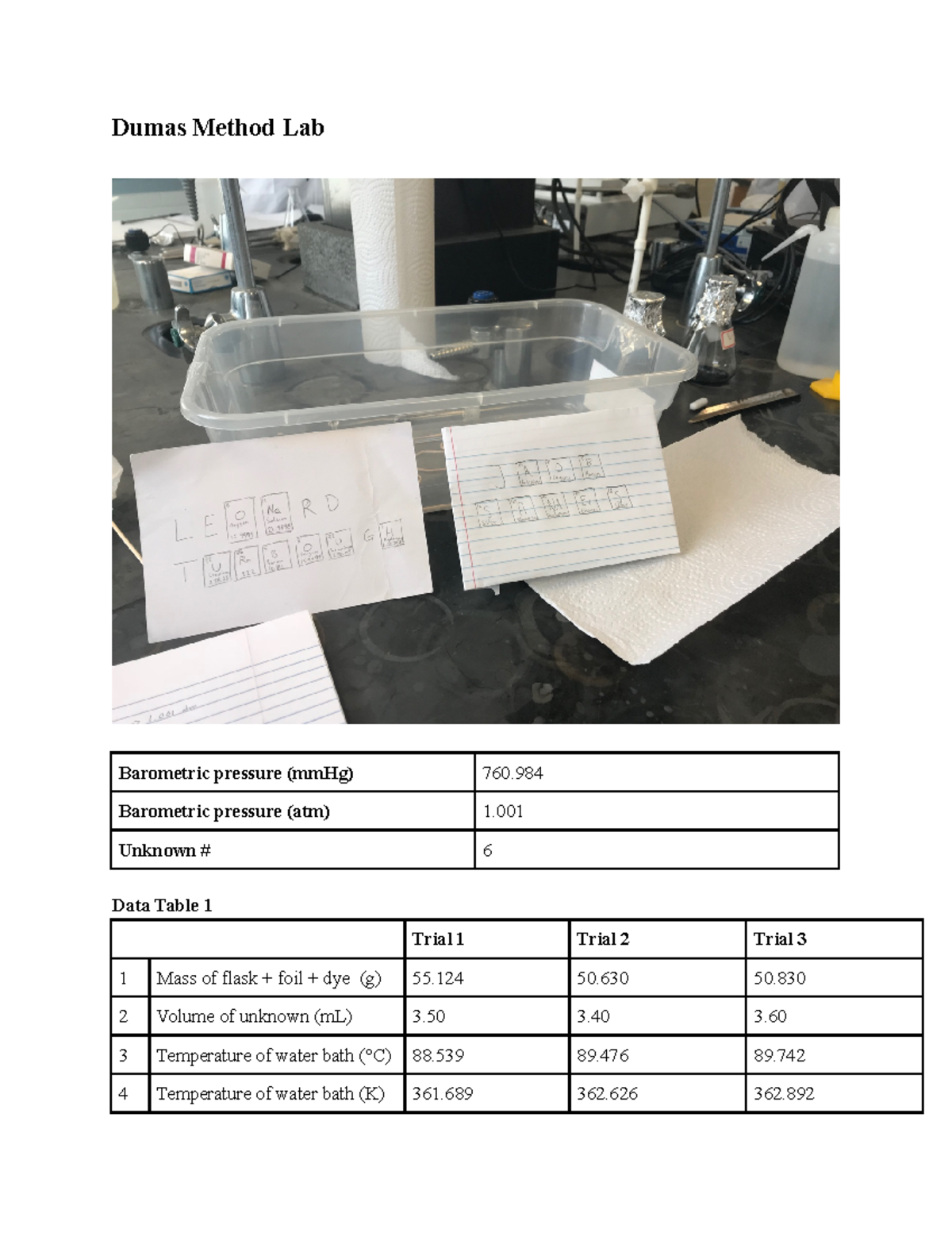 Dumas LT - Dumas Method Lab Barometric pressure (mmHg) 760. Barometric ...