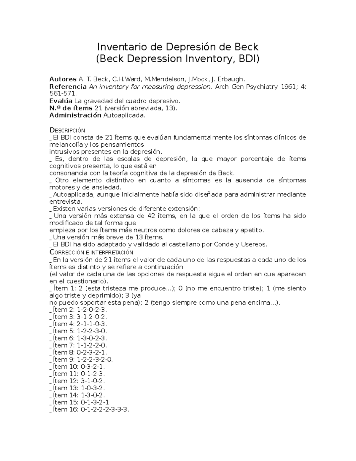 Inventario de depresión de Beck - Inventario de Depresión de Beck (Beck ...