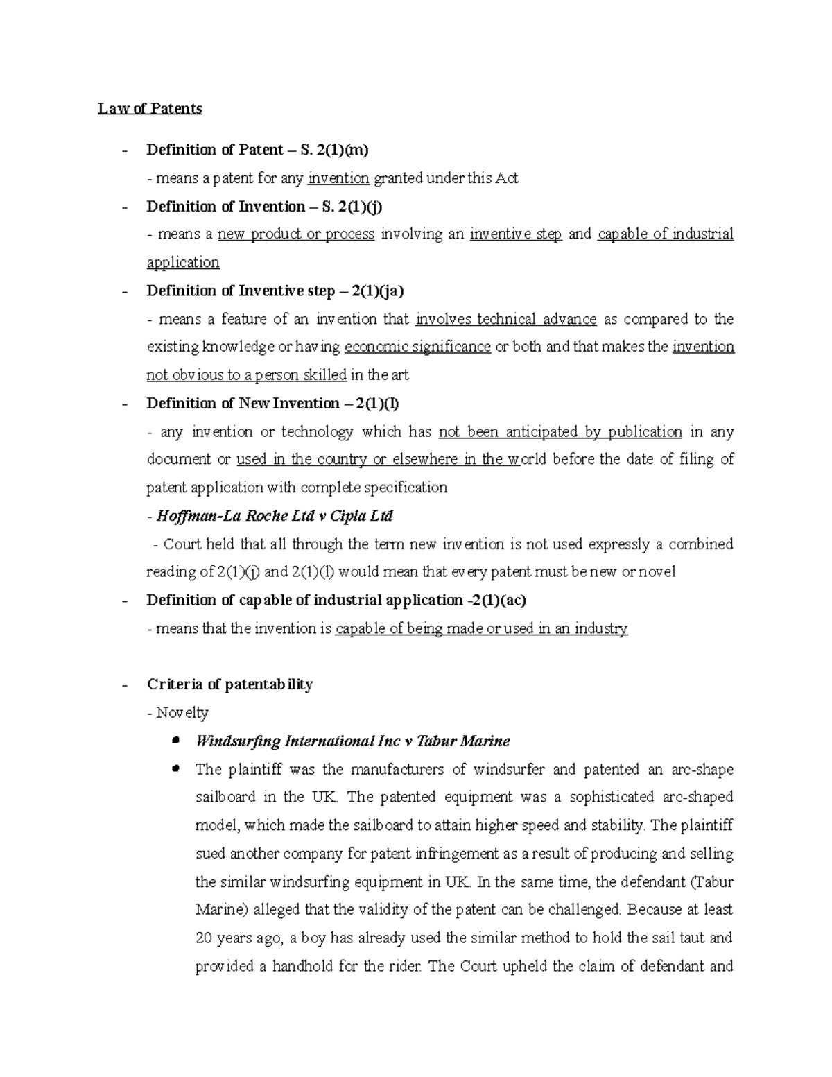 Law of Patents Summary - Law of Patents - Definition of Patent – S. 2(1 ...