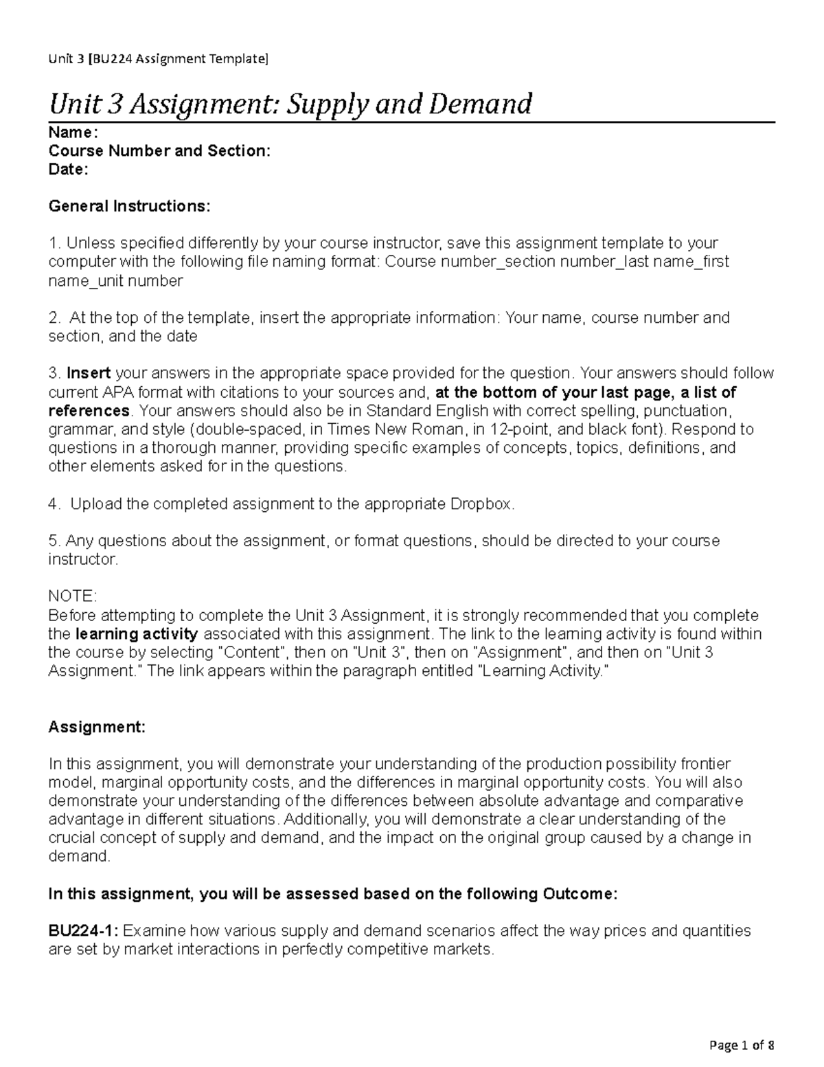 BU224 Unit3 Assignment Template - Unit 3 Assignment: Supply and Demand ...