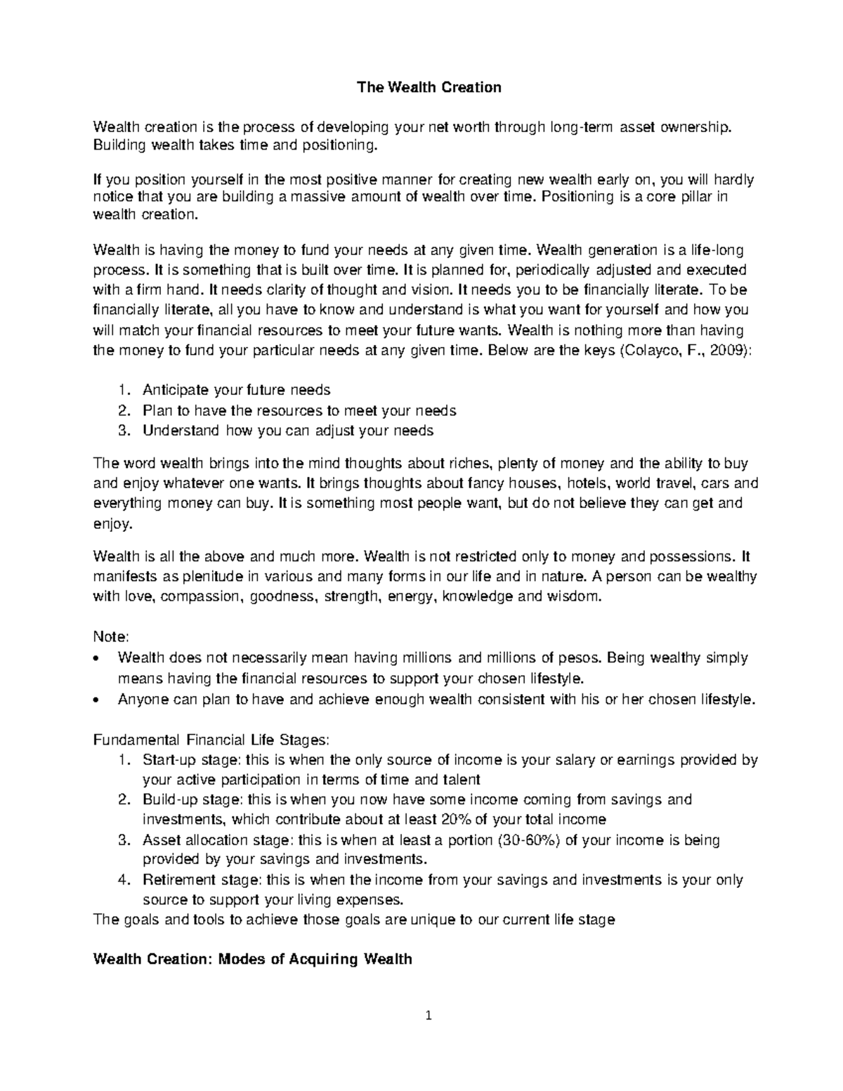 Module 1-Handout 2-Wealth Creation - The Wealth Creation Wealth ...