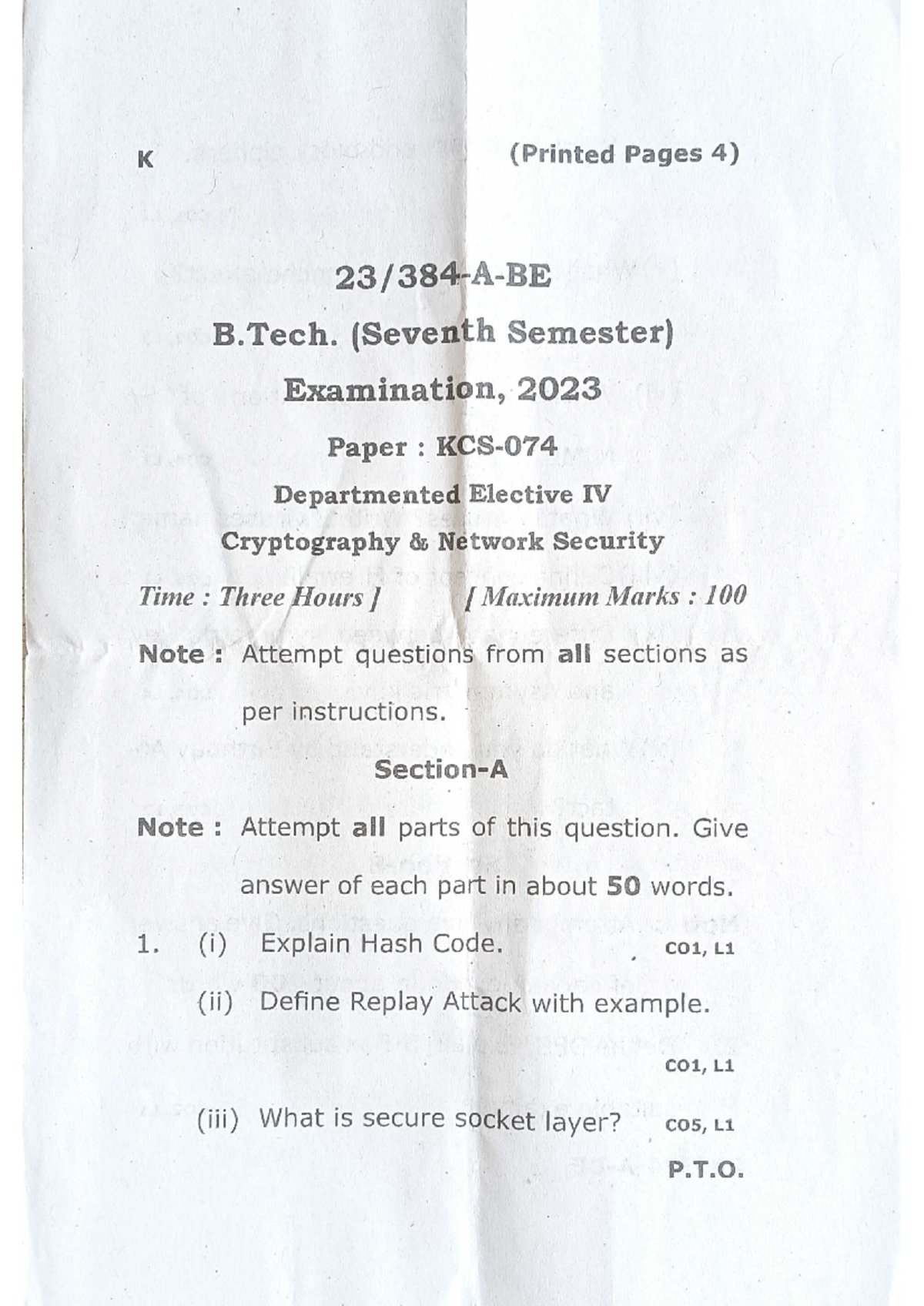 CNS, Rdaap, OR - Paper - K (Printed Pages 4) B. (Seventh Semester ...