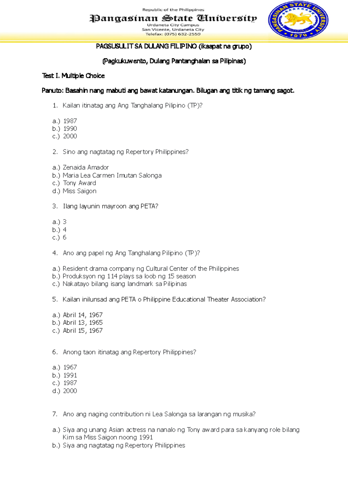 Pagsusulit SA Dulang Filipino - PAGSUSULIT SA DULANG FILIPINO (ikaapat ...