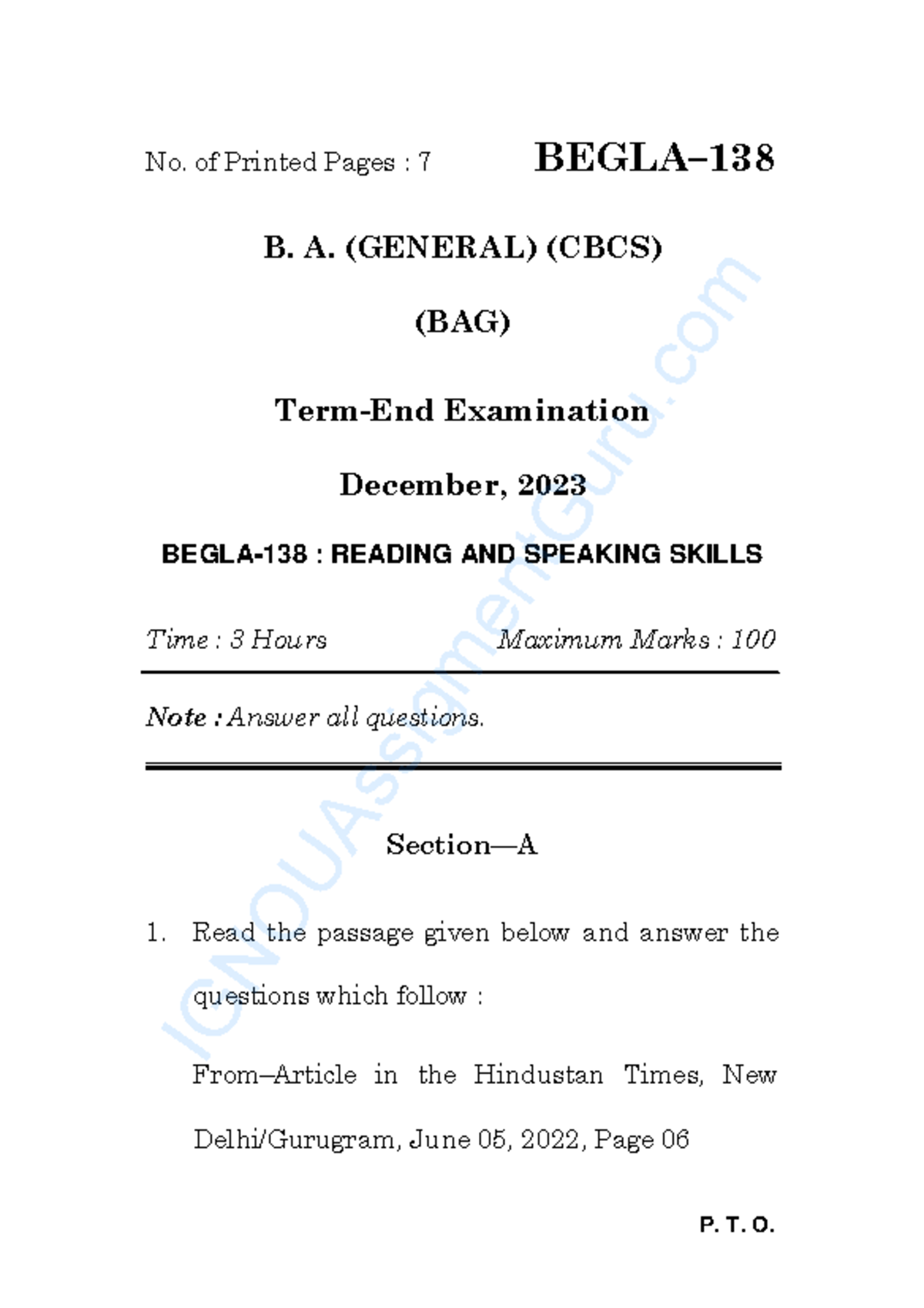 28. Dec 2023 Begla-138 Ignouassignment Guru - P. T. O. No. of Printed ...