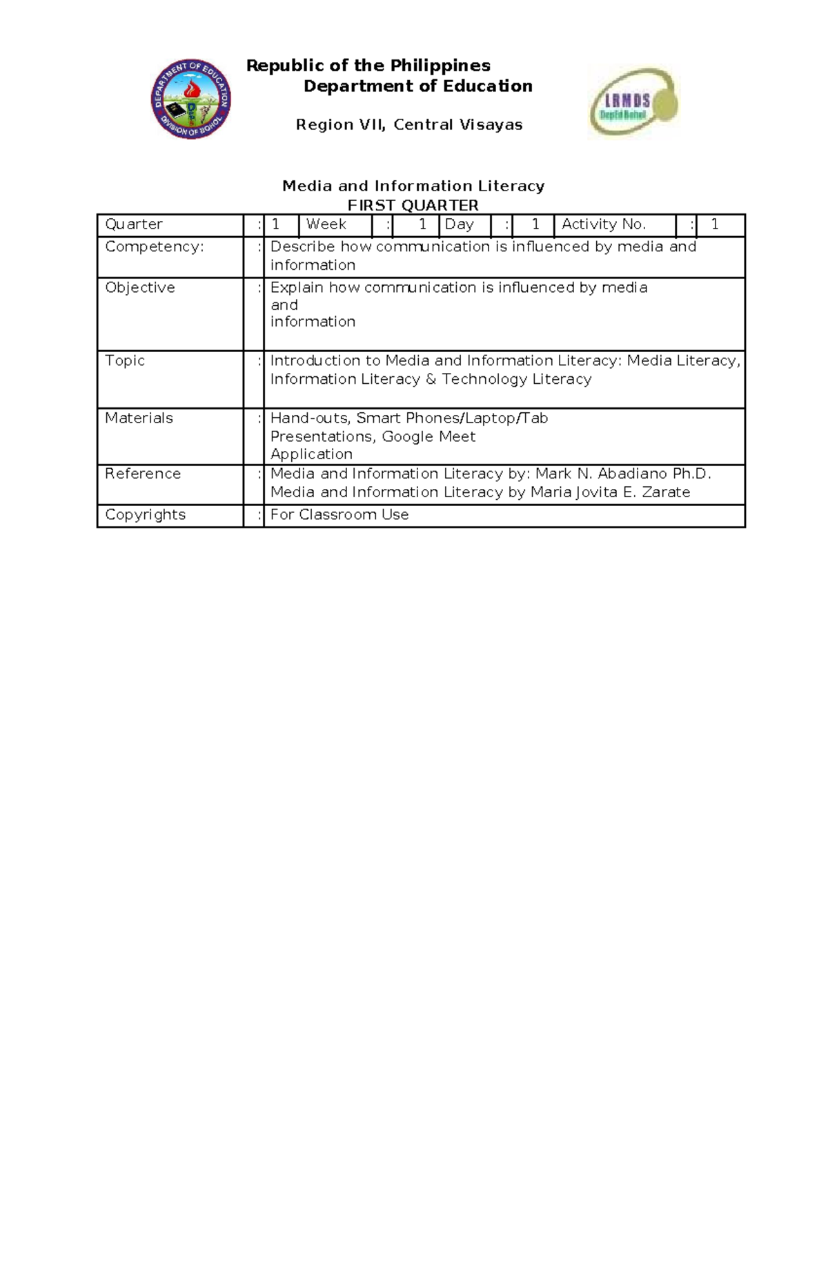 Activity 1 - none - Republic of the Philippines Department of Education ...