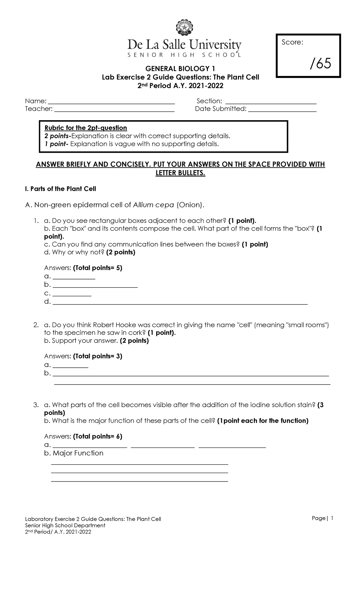 Act 2 The Plant Cell Guide Questions (Answer sheet 2)-1 - GENERAL ...