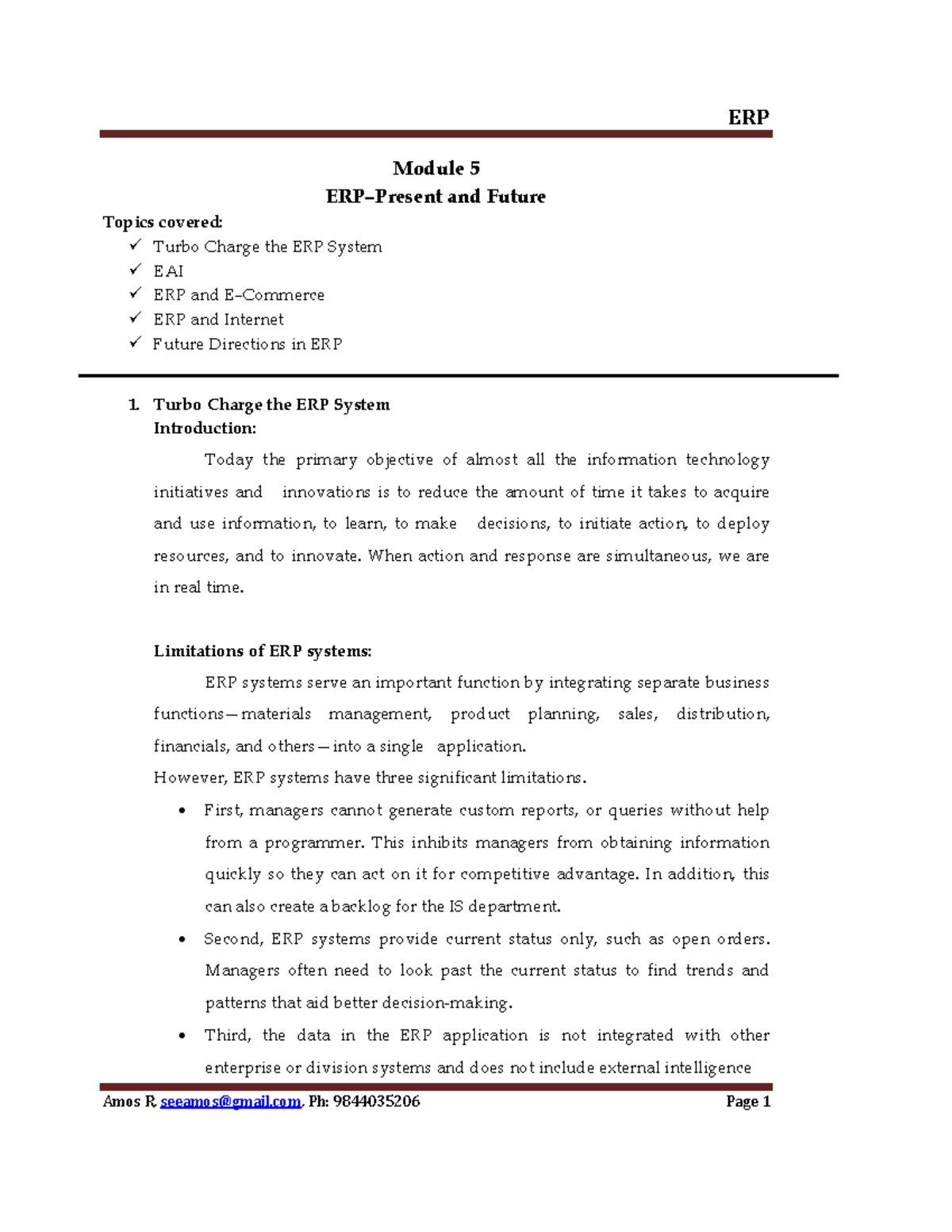 ERP Module 5 - Amos R - ERP - Module 5 ERP–Present and Future Topics ...