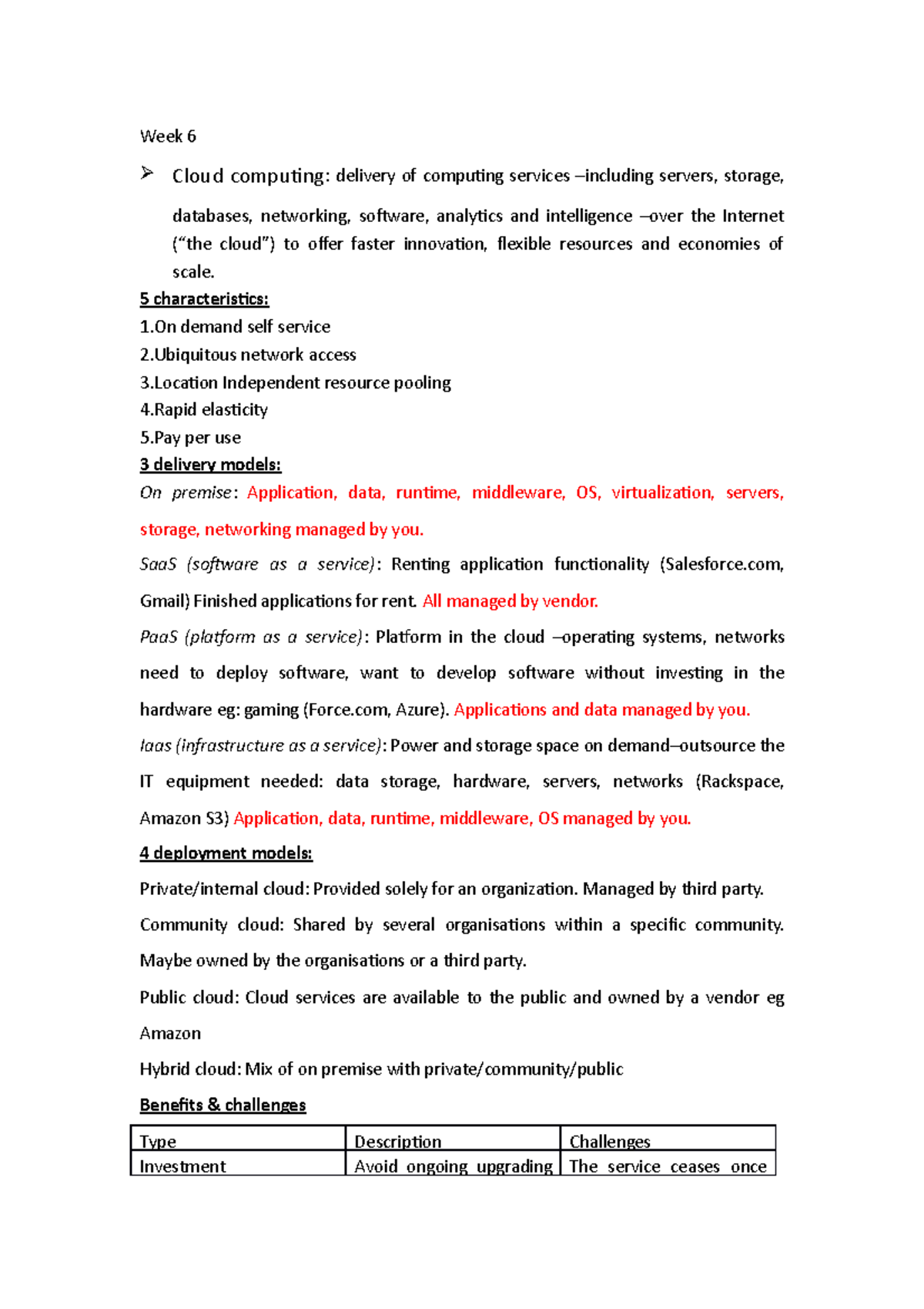 Infs Summary From Week 6 To Week 10 Week 6 Cloud Computing Delivery Of Computing Services