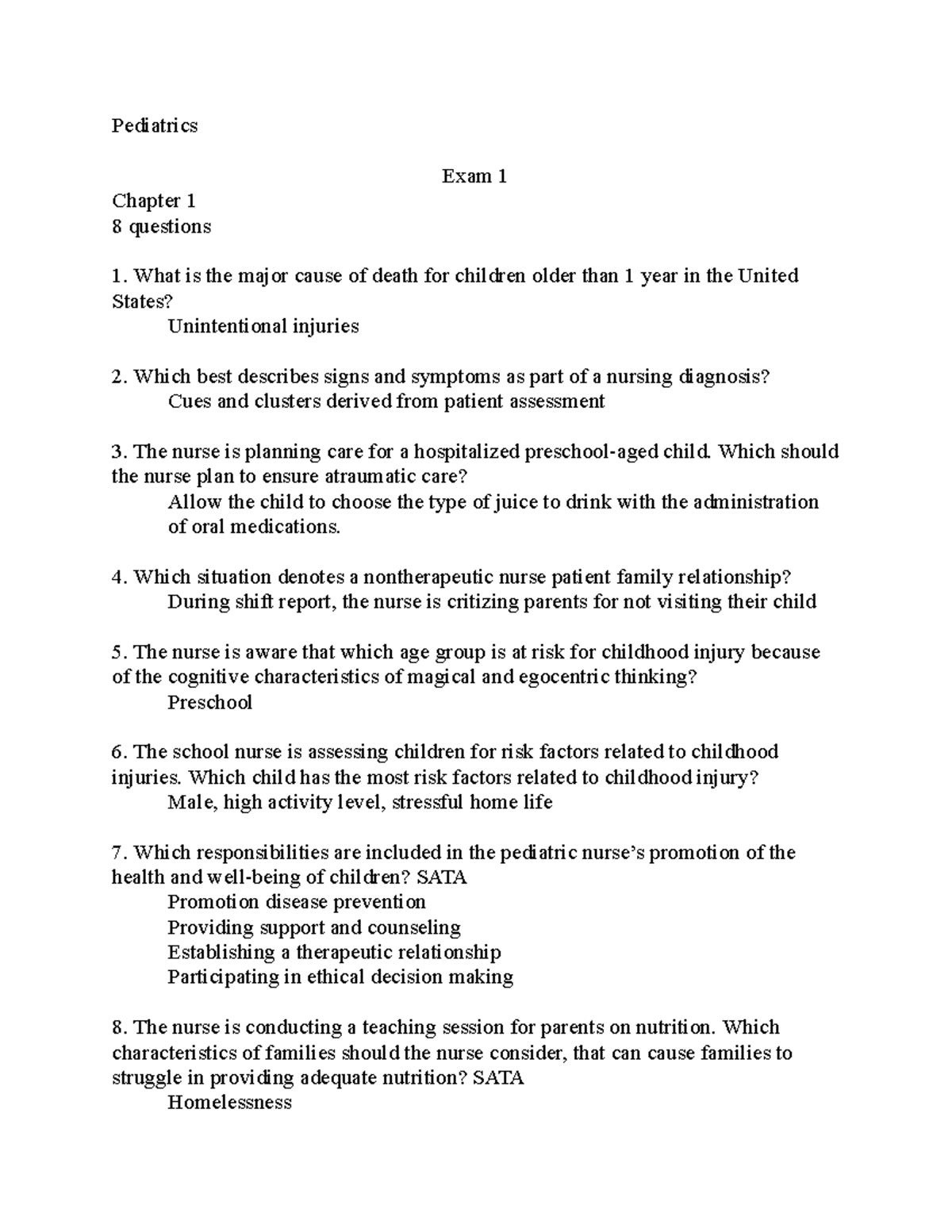 Pediatrics Exam 1 - Pediatrics Exam 1 Chapter 1 8 questions What is the ...