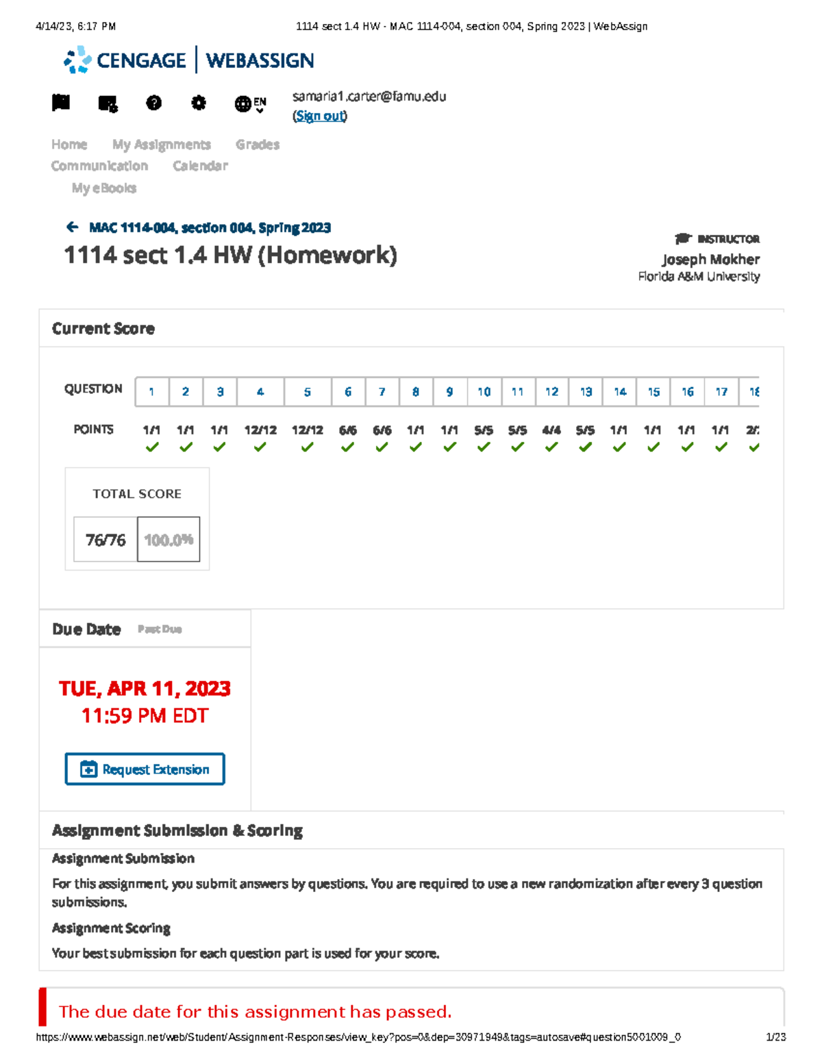 1.4 HW - Webassign Assignment - EN samaria1@famu (Sign out) MAC 1114-004, section 004, Spring ...