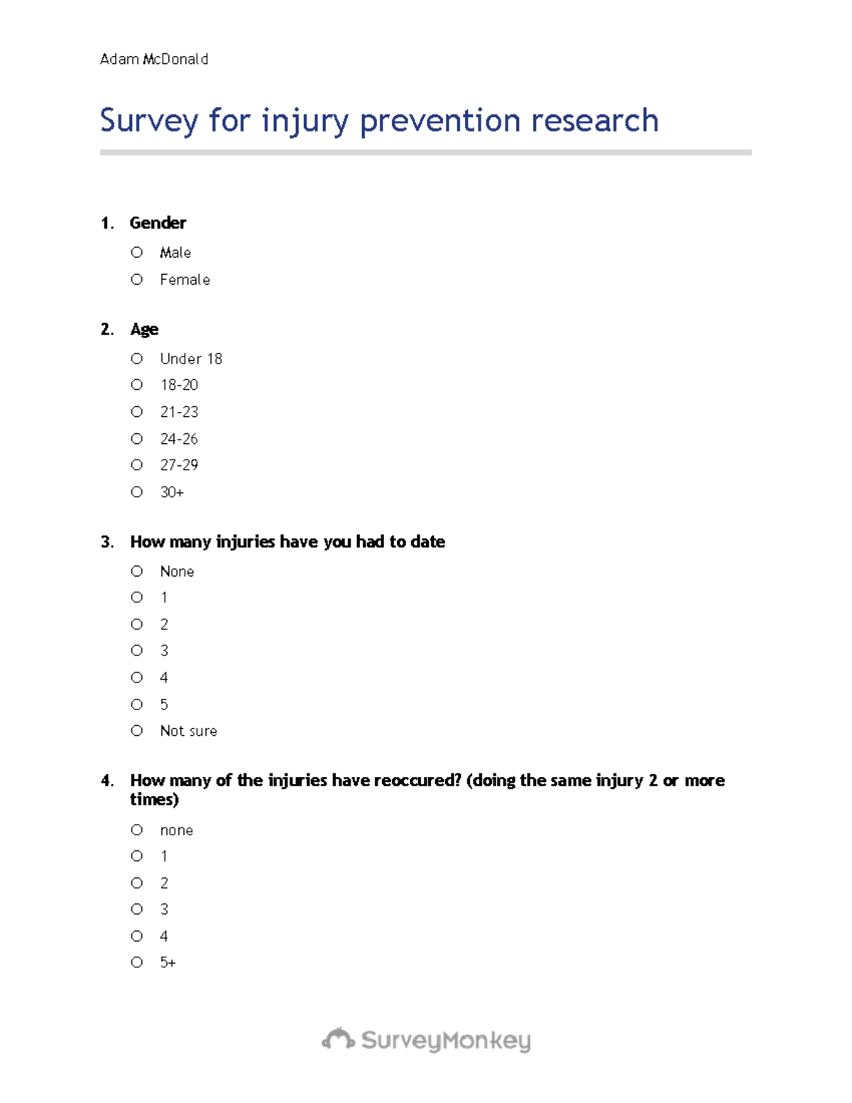 Survey for injury prevention research - Adam McDonald Survey for injury ...