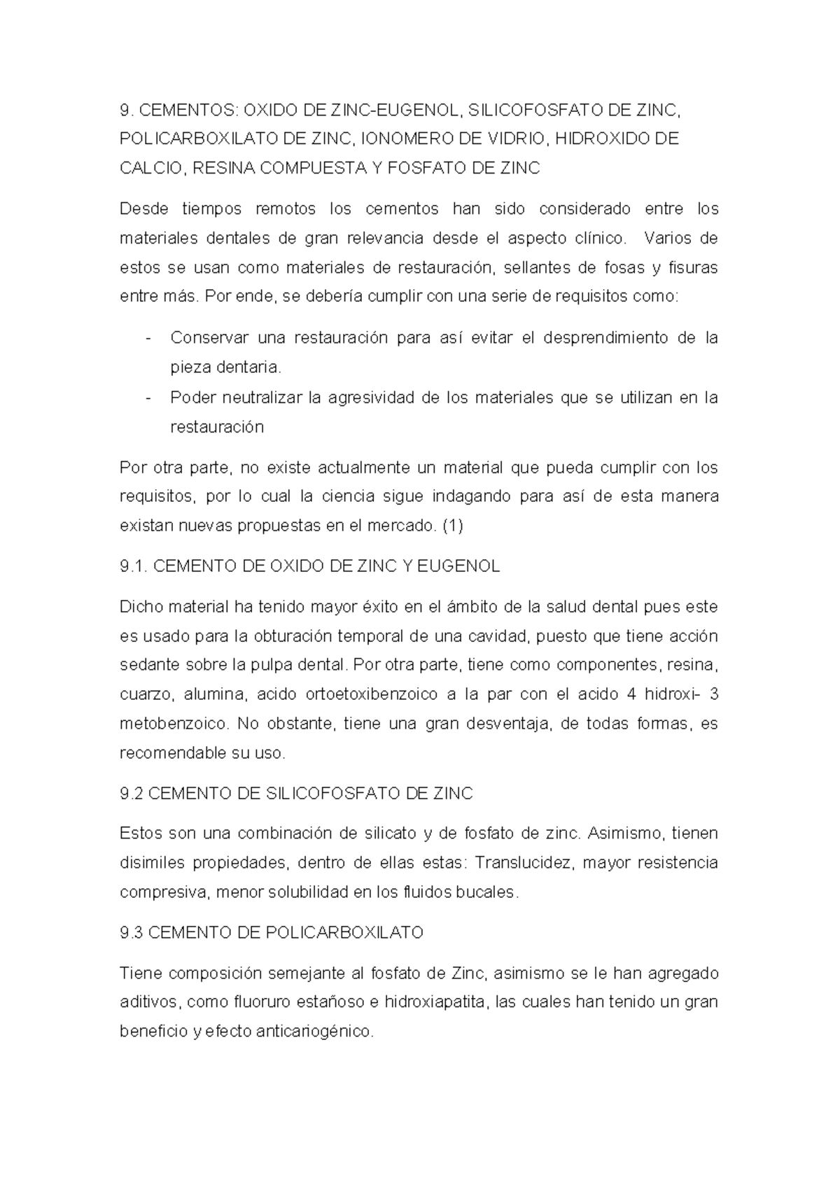 Cementos odontologicos - 9. CEMENTOS: OXIDO DE ZINC-EUGENOL ...
