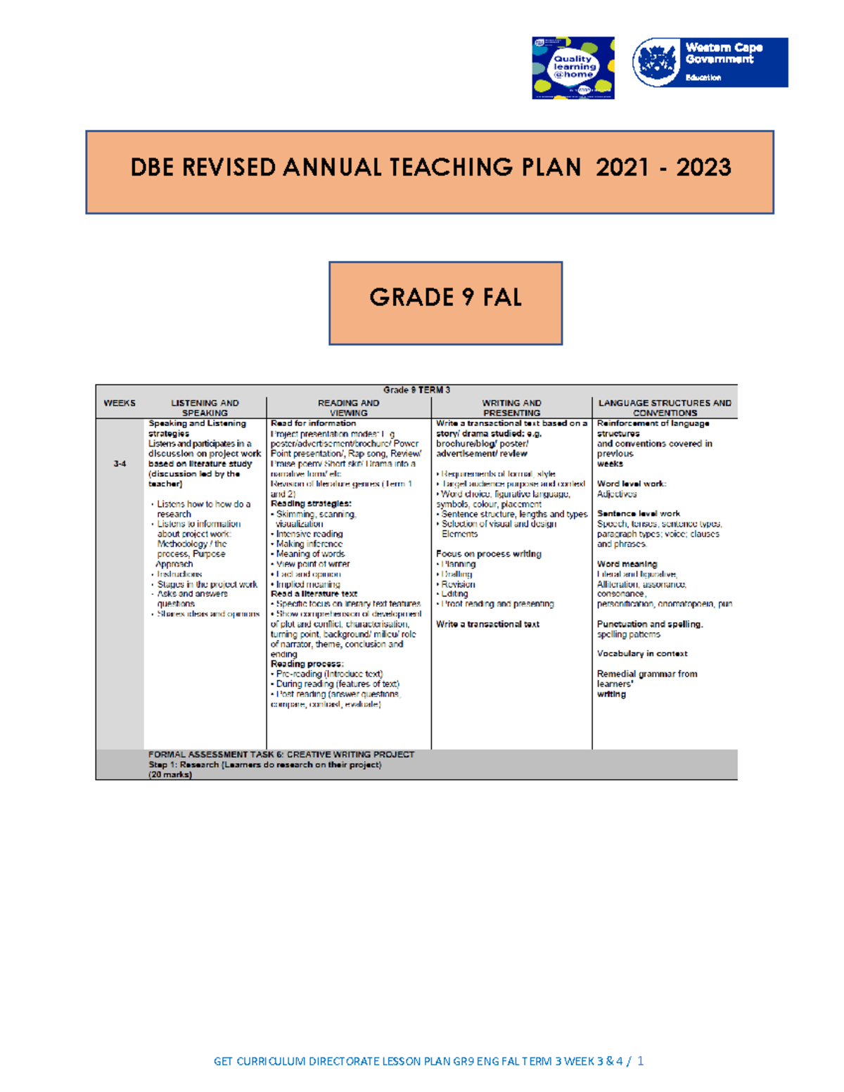 Lesson Plan Gr9 Eng FAL T3 W3 & 4 - DBE REVISED ANNUAL TEACHING PLAN ...