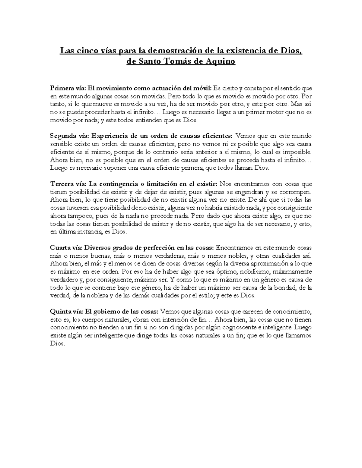 Las cinco vías de Santo Tomás de Aquino - Las cinco vías para la demostración de la existencia ...