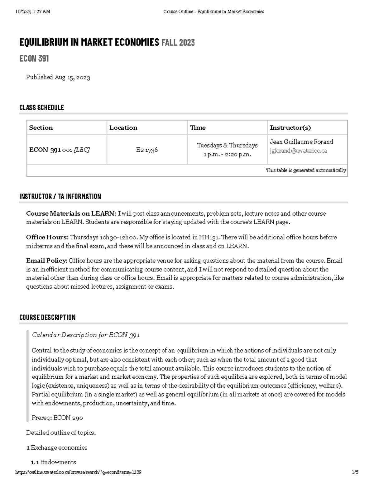 ECON 391 - Course Outline - 2023/24 - EQUILIBRIUM IN MARKET ECONOMIES ...
