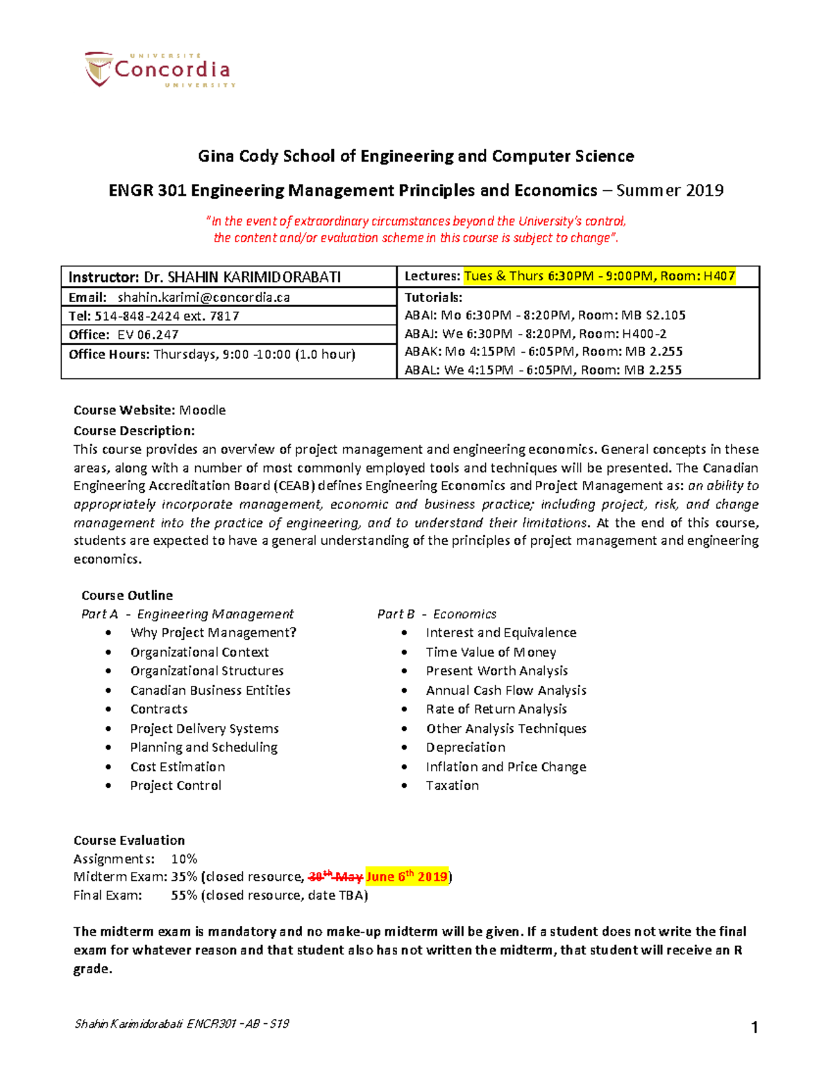 ENGR301 Outline S19 - Updated - Gina Cody School of Engineering and Computer Science ENGR 301 ...